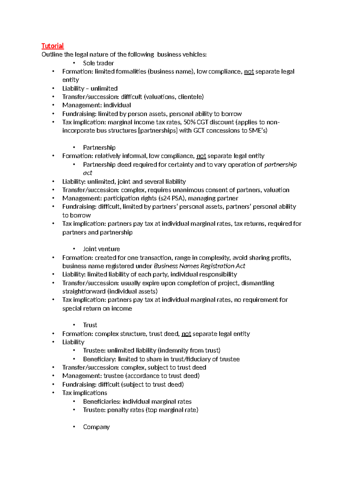 Tutorial 4 - Tutorial Outline the legal nature of the following ...