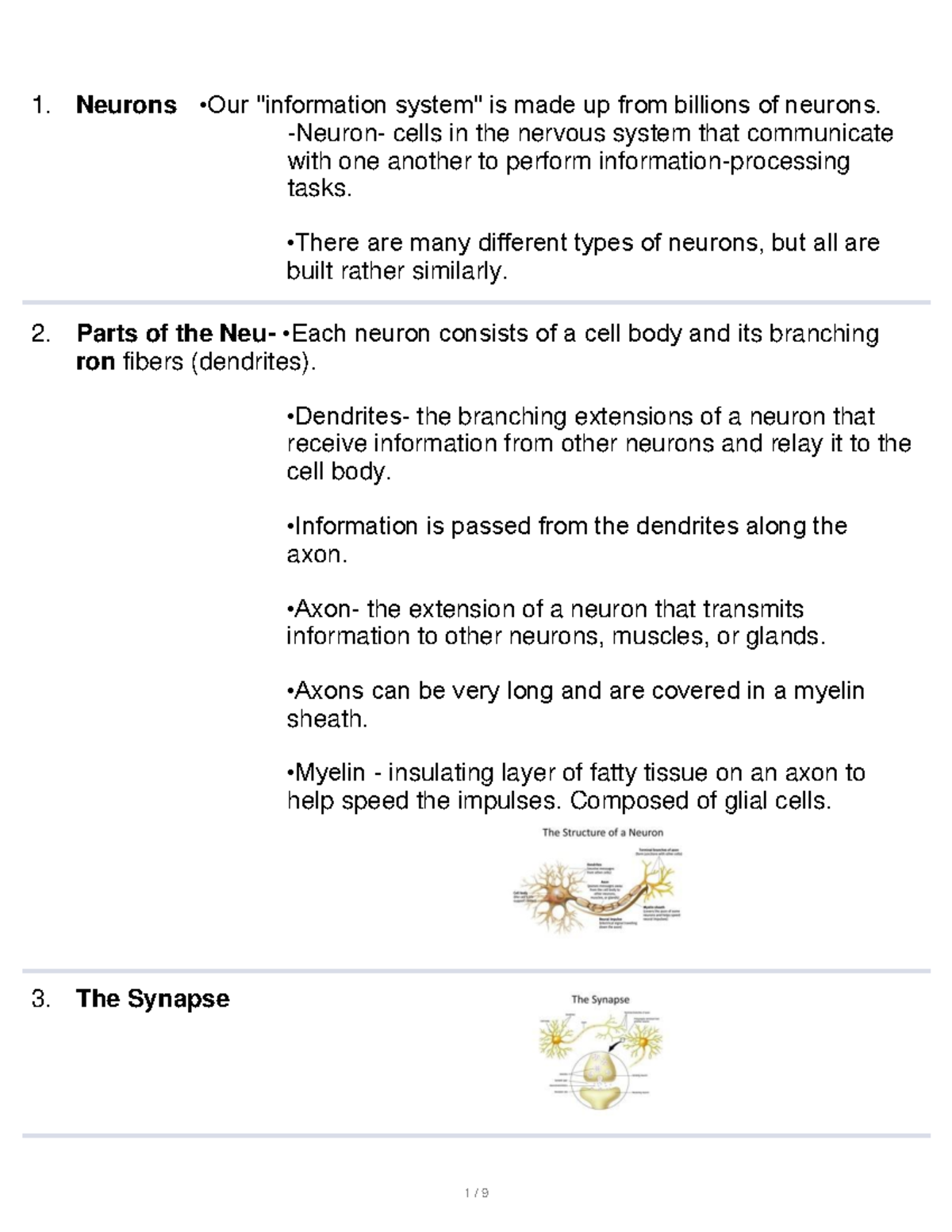 Neuroscience review exam - Neurons •Our "information system" is made up ...