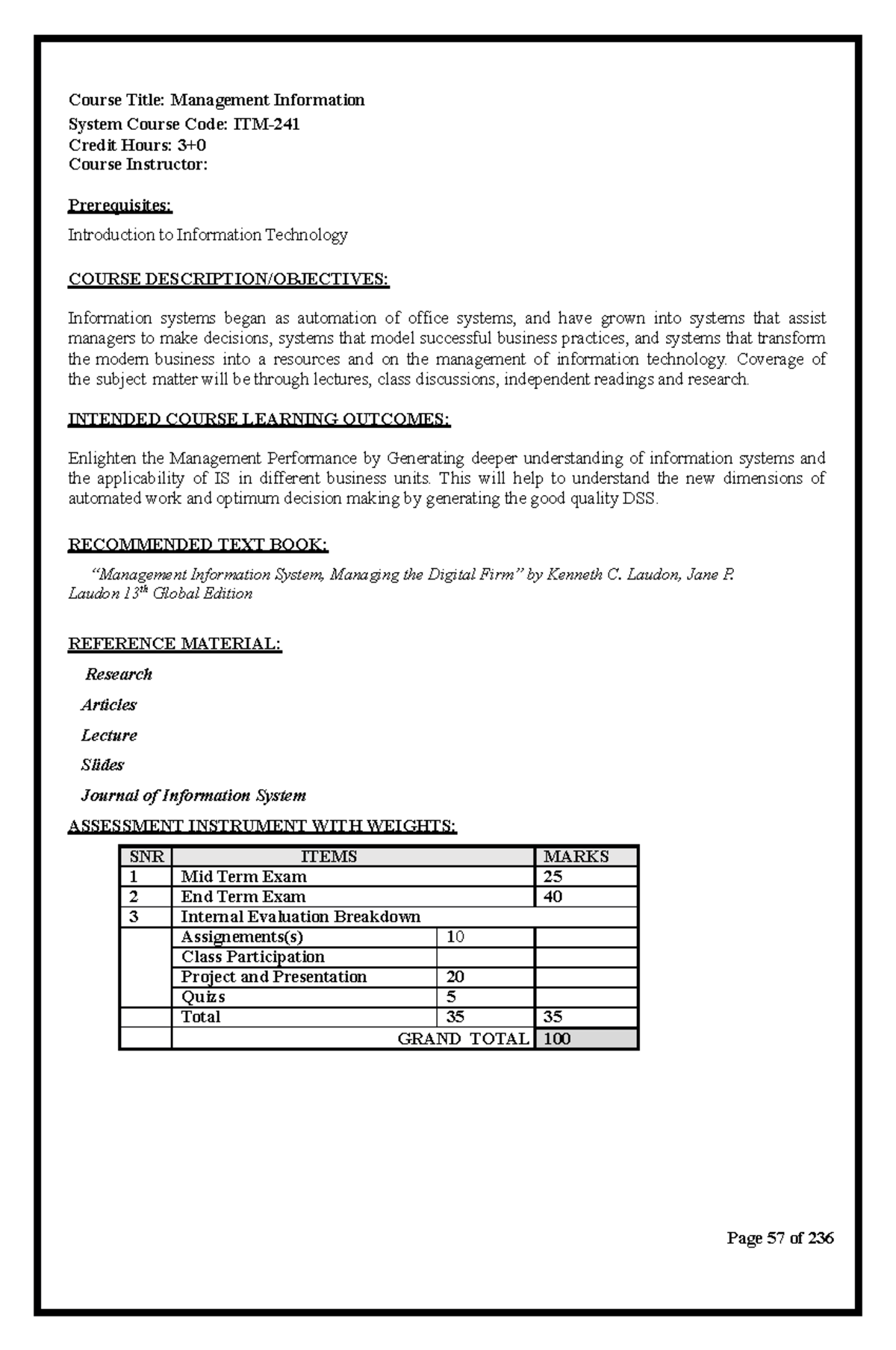 1. MIS Course Outline - Course Title: Management Information System ...