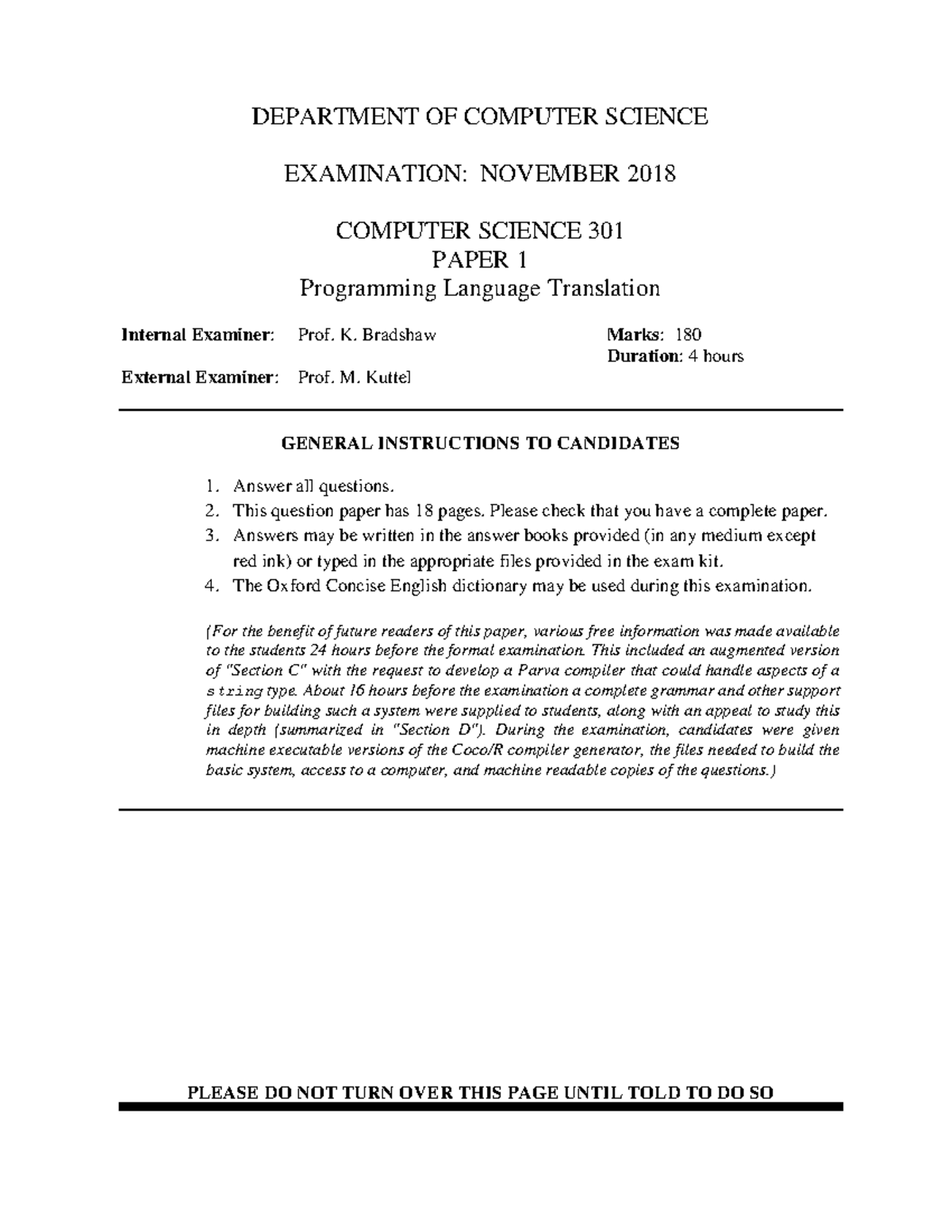 Computer Science 301 PLT Nov 2018 - PLEASE DO NOT TURN OVER THIS PAGE ...