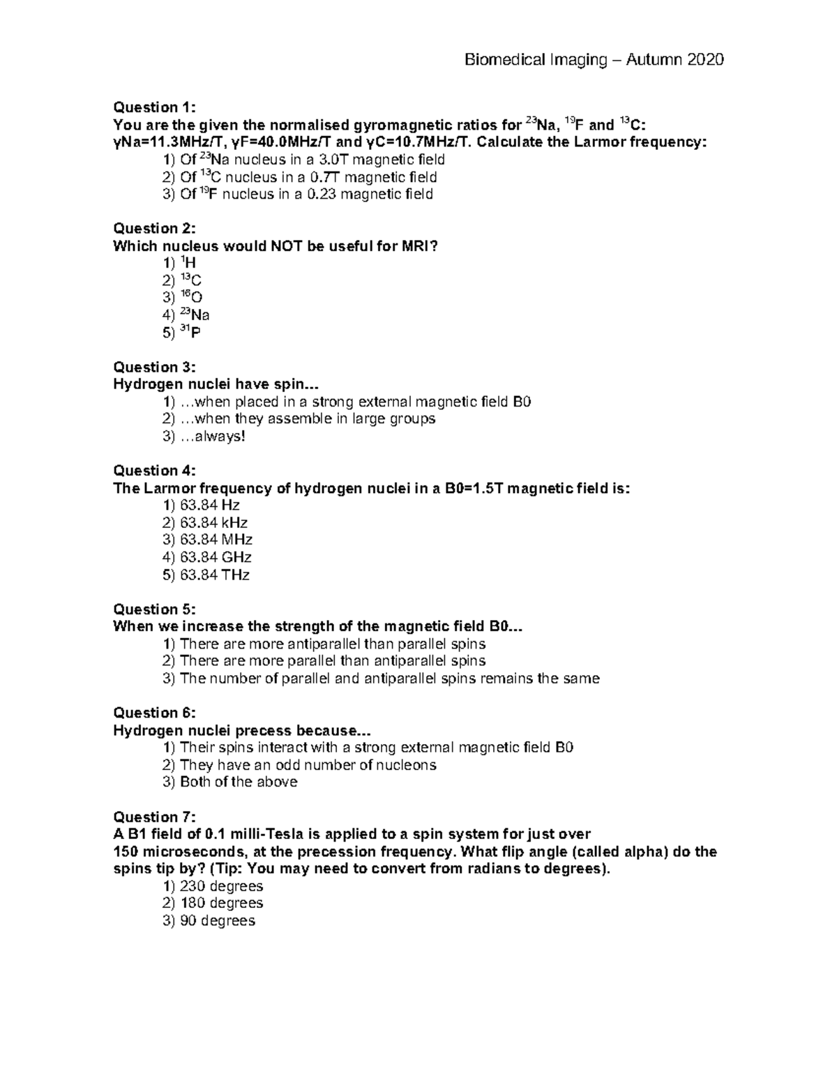 MR1 questions - 2020 - Problem sheet 6 - Biomedical Imaging – Autumn ...