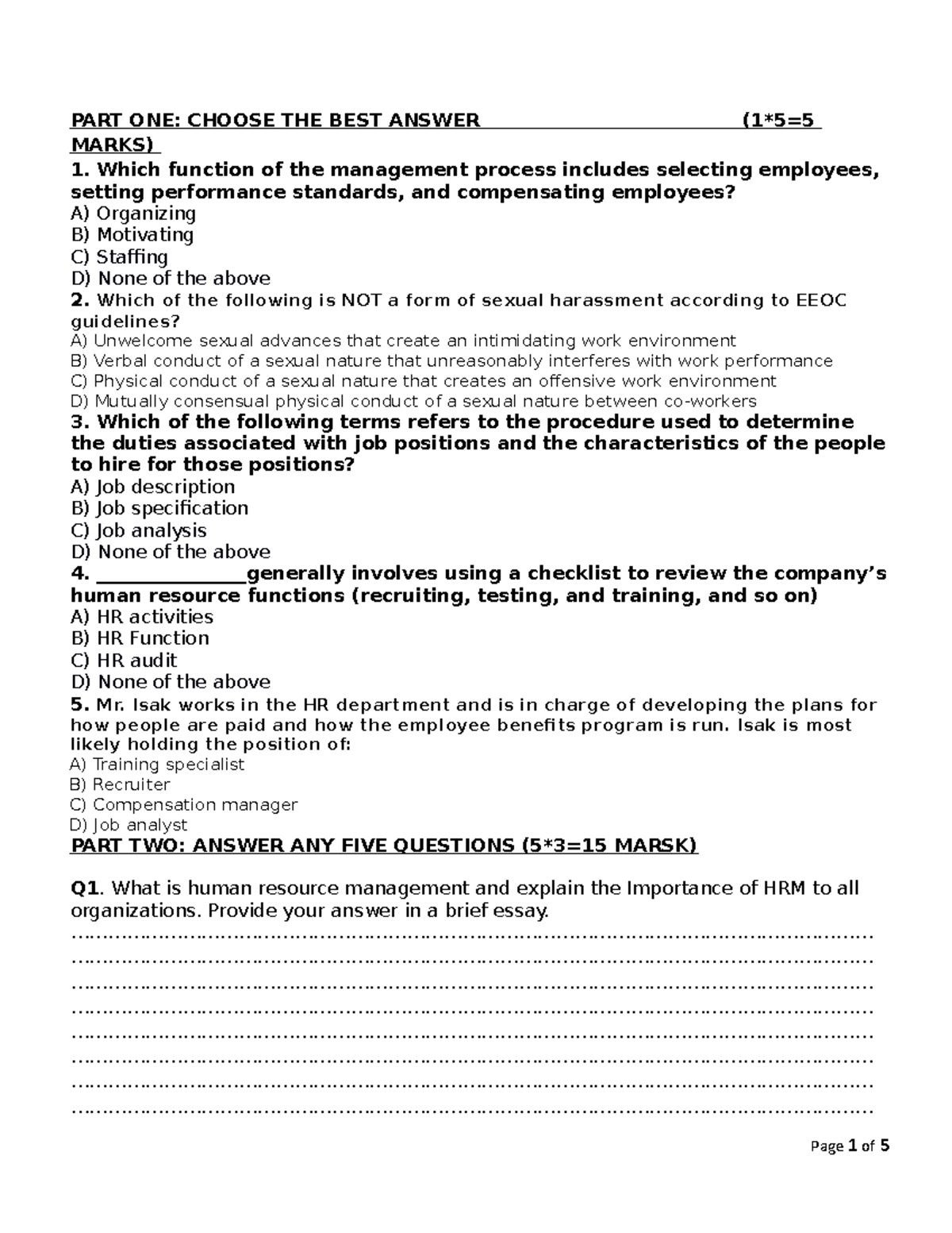 HRM Mid term Exam 2023 - this is the midterm exam the course HRM - PART ...