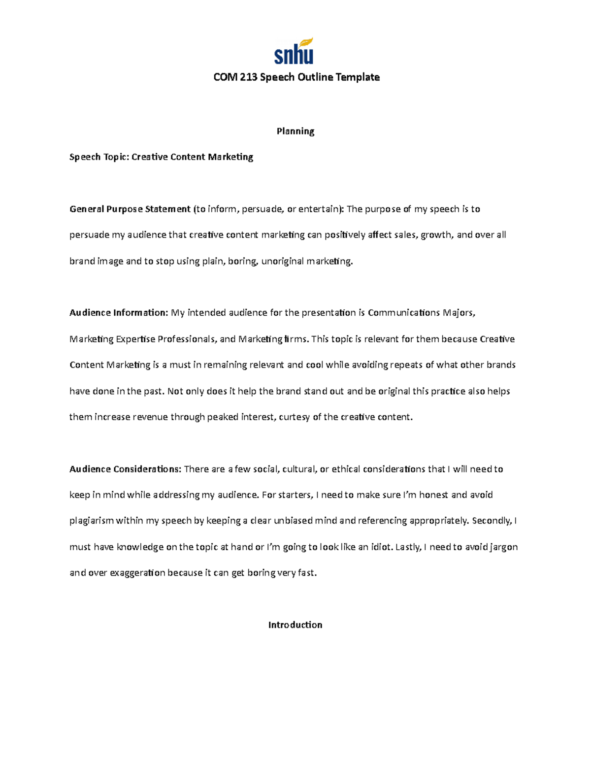 Persuasive Speech - COM 213 Speech Outline Template Planning Speech ...