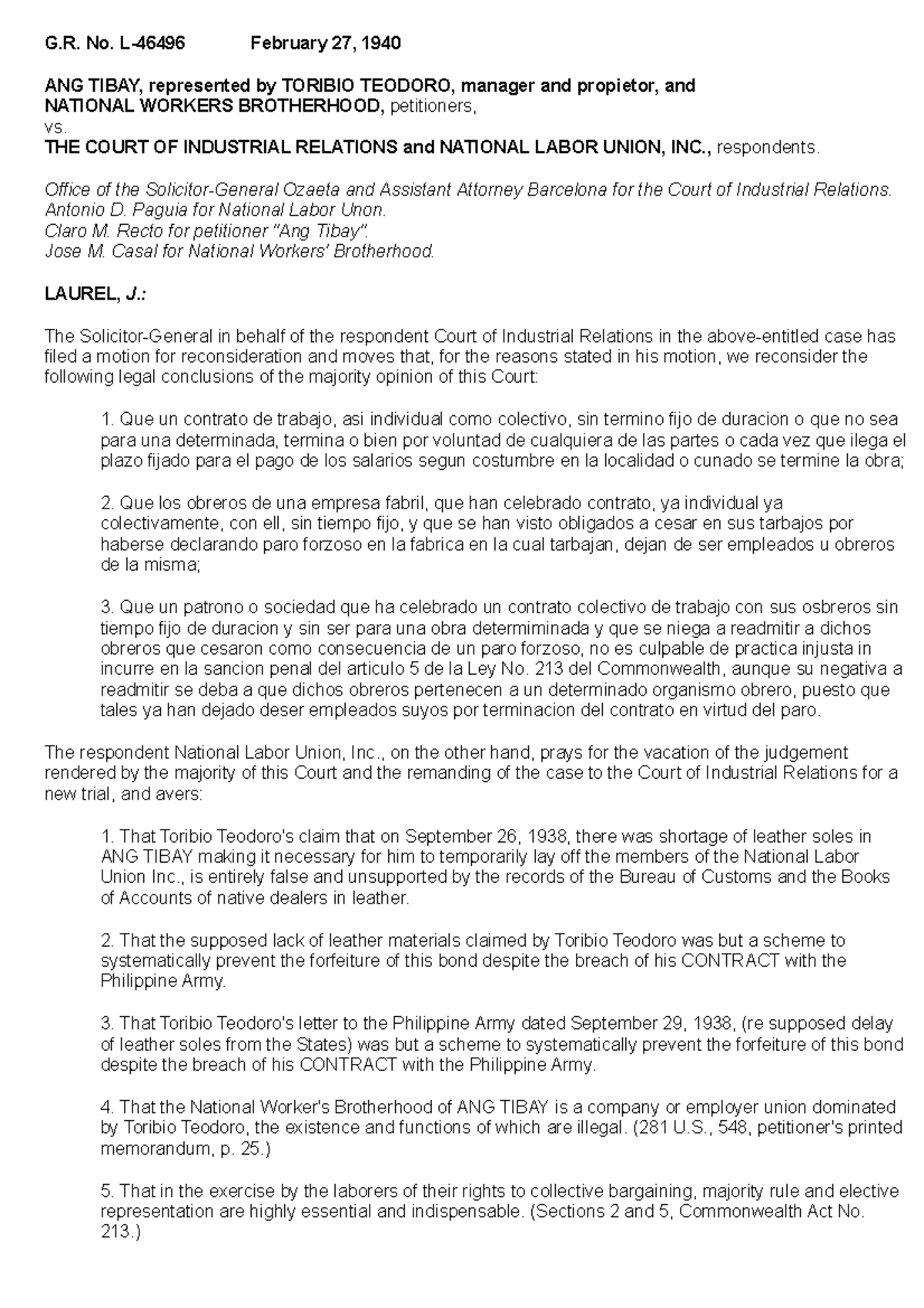 ANG Tibay VS CIR - G. No. L-46496 February 27, 1940 ANG TIBAY ...