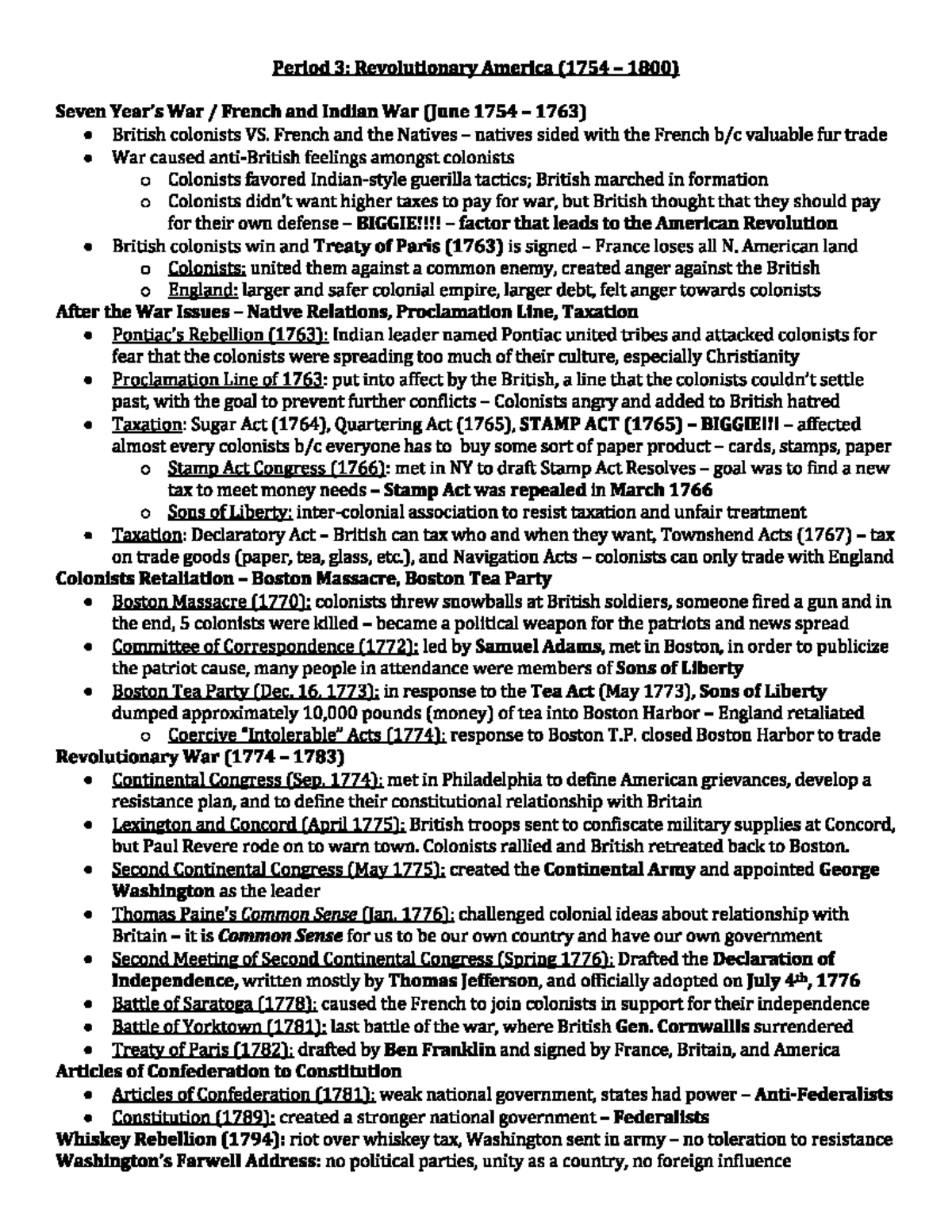 Copy of Review One Pagers - Period 3: Revolutionary America (1754 1800 ...