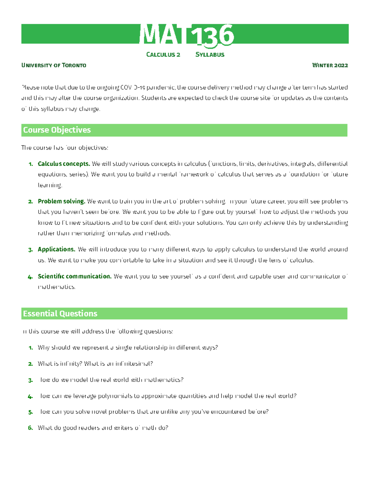 Mat136-syllabus-W22 - 136 . - MAT 136 . Calculus 2 Syllabus University ...