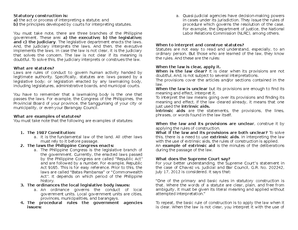 Statutory construction - You must take note, there are three branches ...