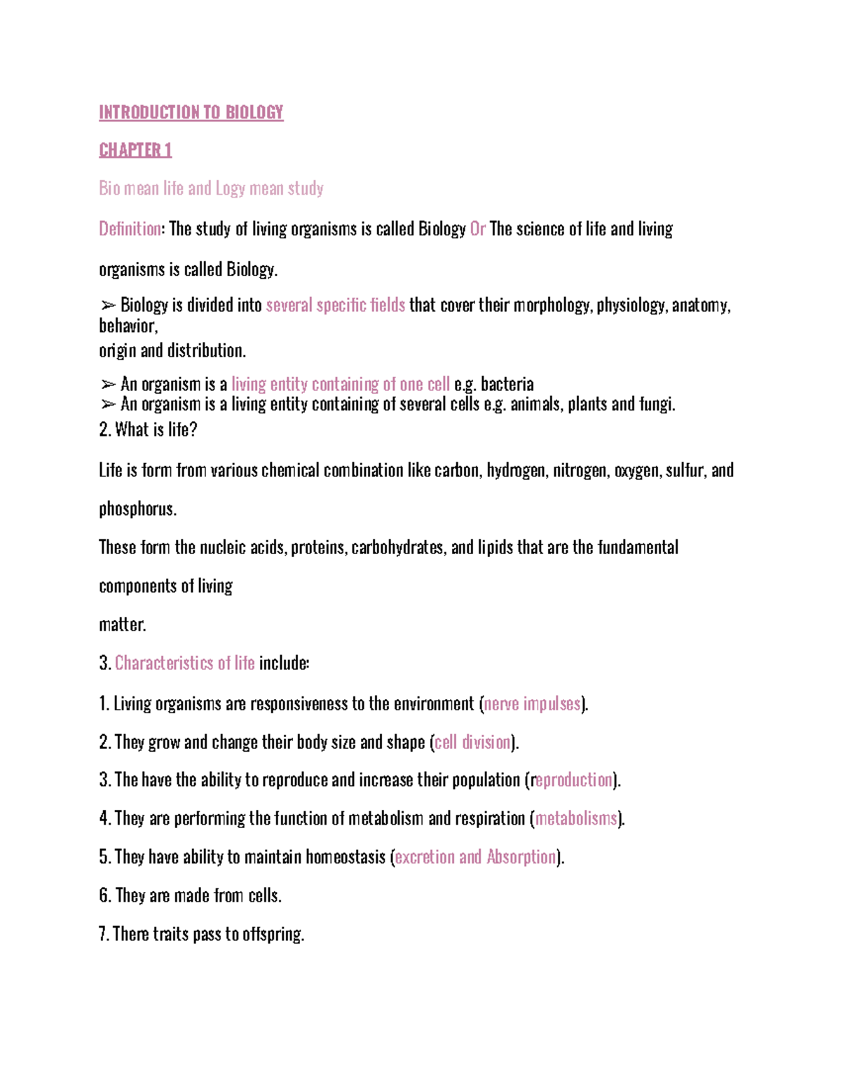 Introduction TO Biology Chapter 1-2 - INTRODUCTION TO BIOLOGY CHAPTER 1 ...