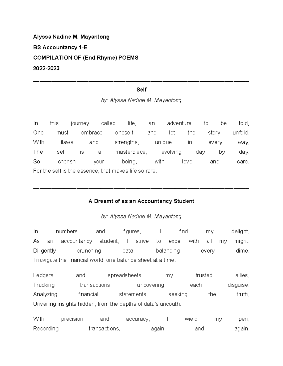 Poems - Alyssa Nadine M. Mayantong BS Accountancy 1-E COMPILATION OF ...
