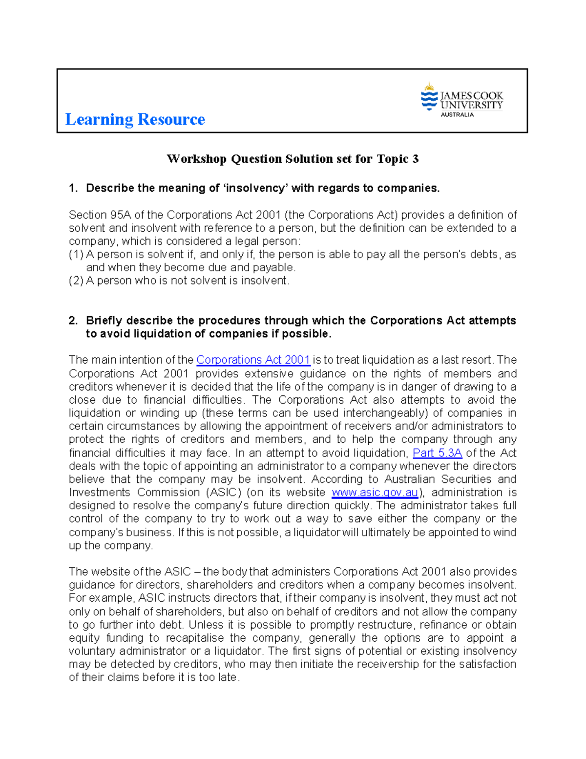 Topic 3 Workshop Solutions - Workshop Question Solution set for Topic 3 ...