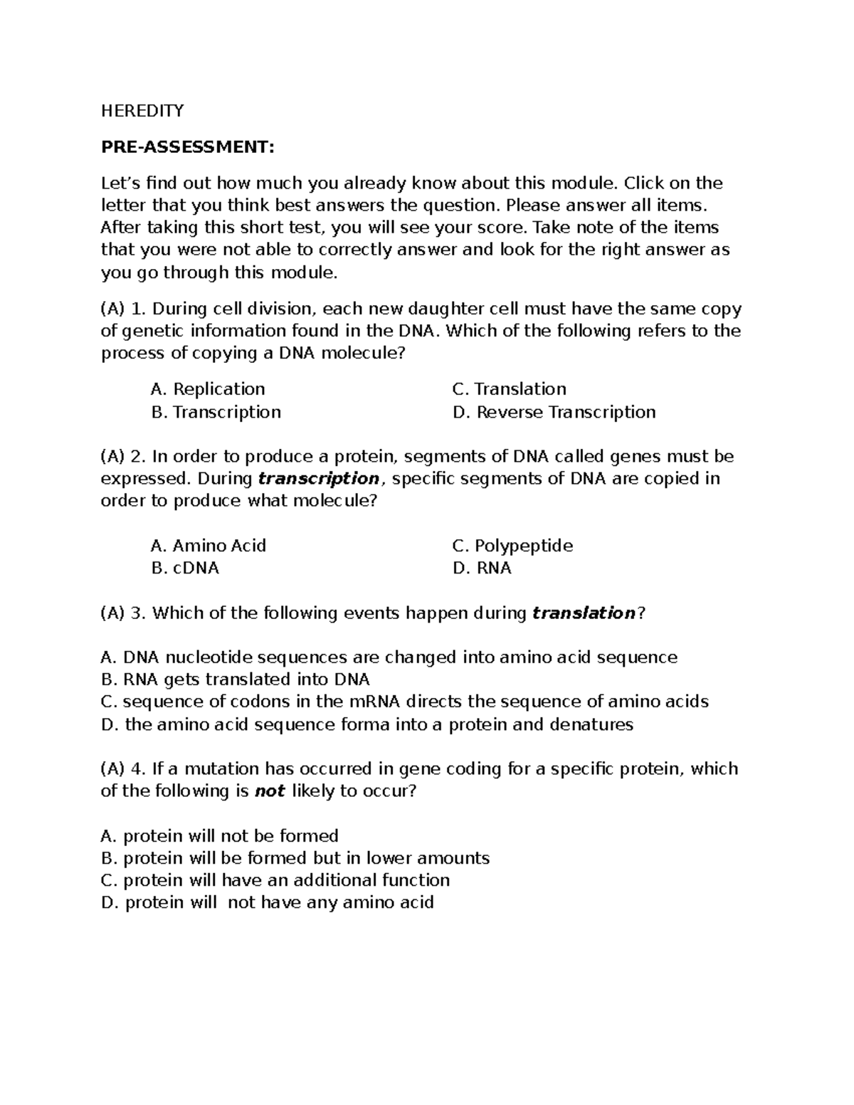 Heredity - HEREDITY PRE-ASSESSMENT: Let’s find out how much you already ...