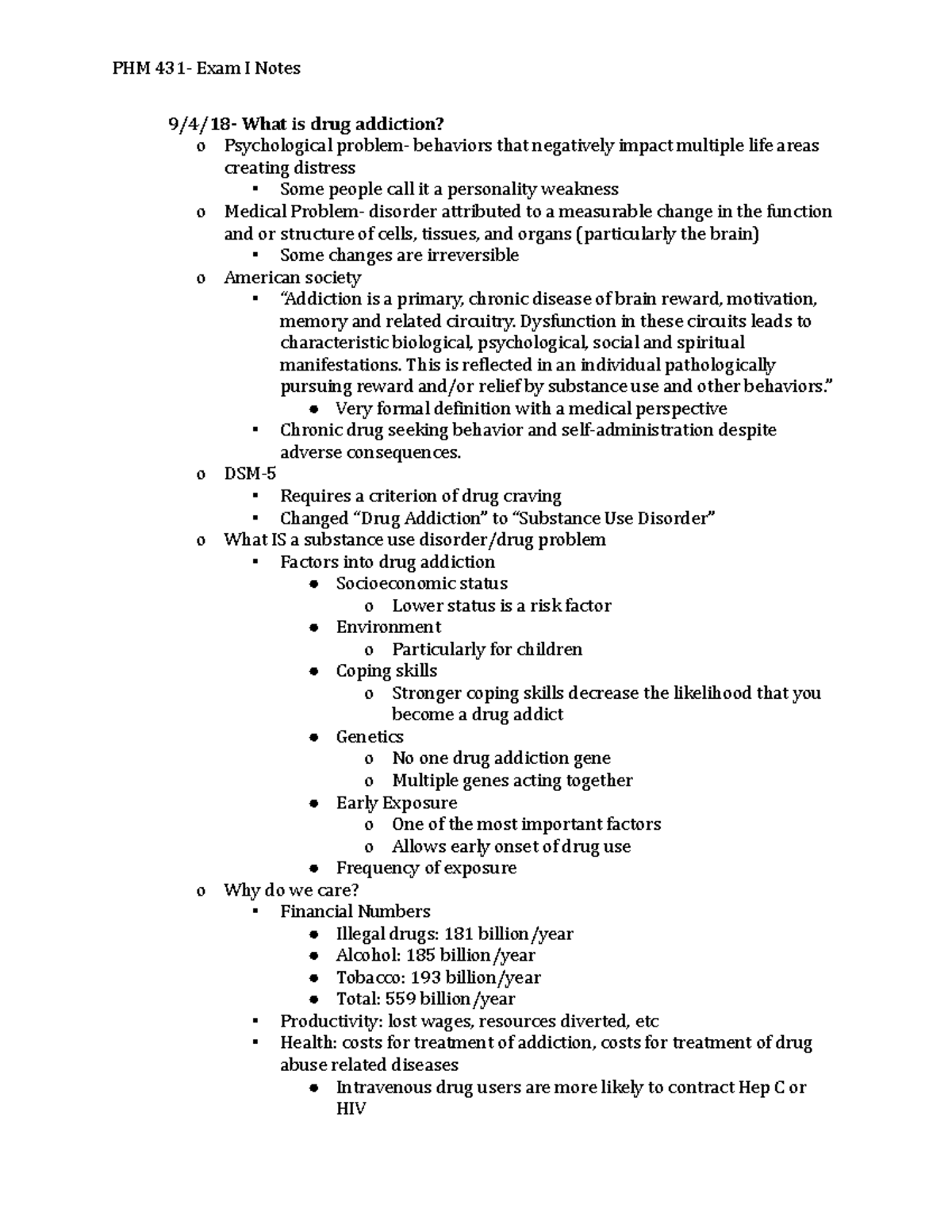 PHM 431 Study Guide I - PHM 431- Exam I Notes ฀ 9/4/18- What is drug ...