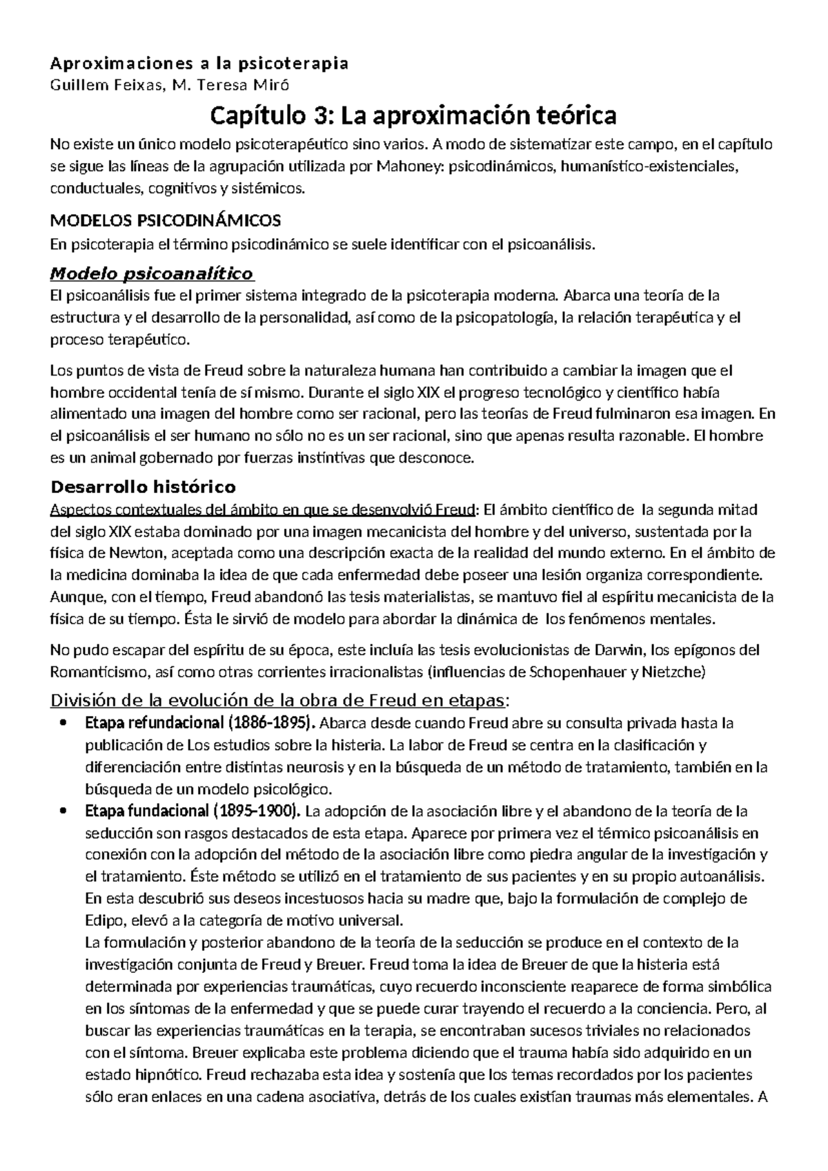 Feixas Cap 3 Resumen - Aproximaciones a la psicoterapia Guillem Feixas, M. Teresa Miró Capítulo ...