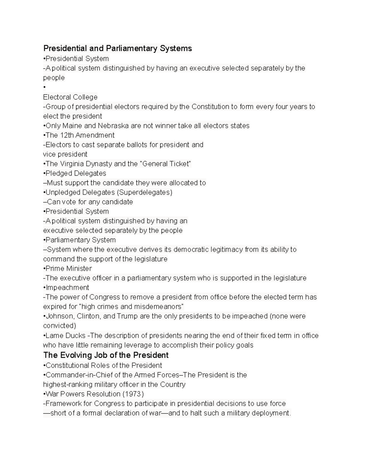 Poli sci notes - Presidential and Parliamentary Systems •Presidential ...