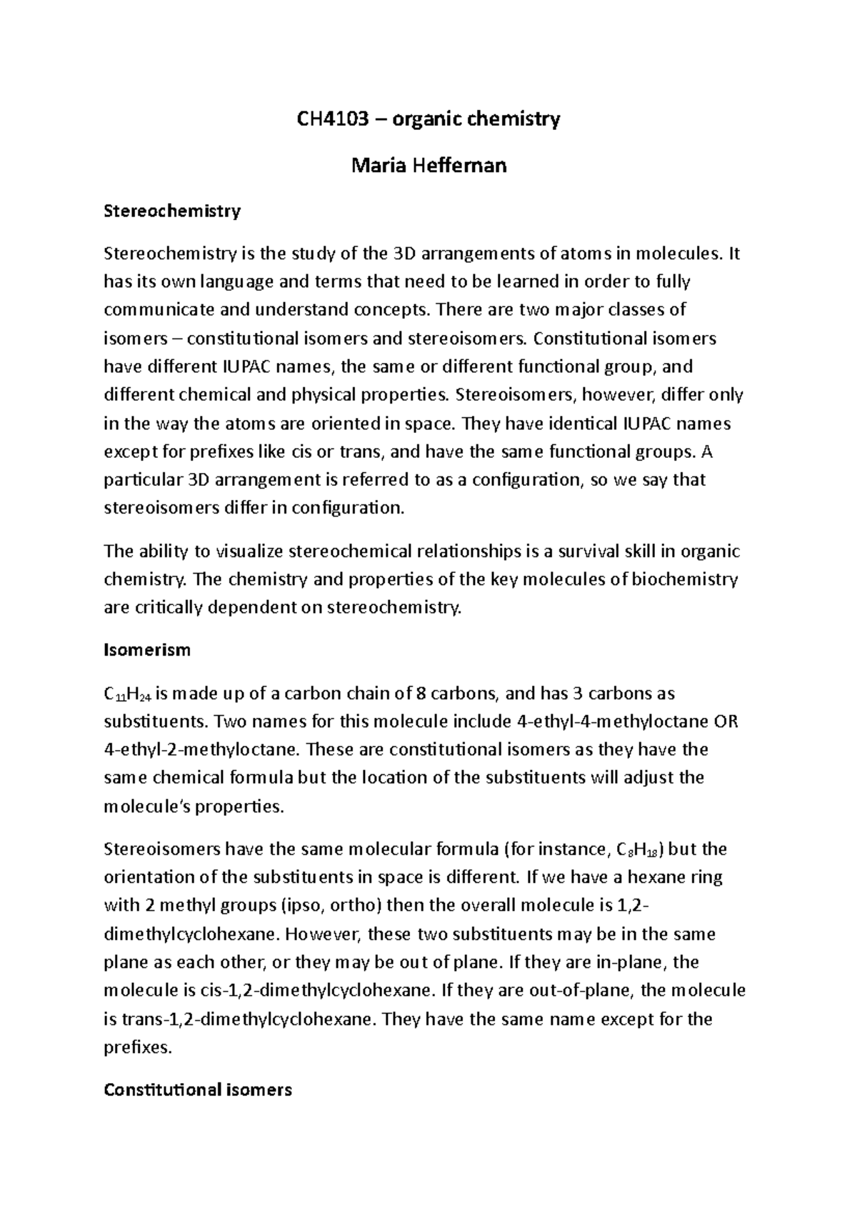 Lecture 11 - Given by Emmet O'Reilly - CH4103 – organic chemistry Maria ...