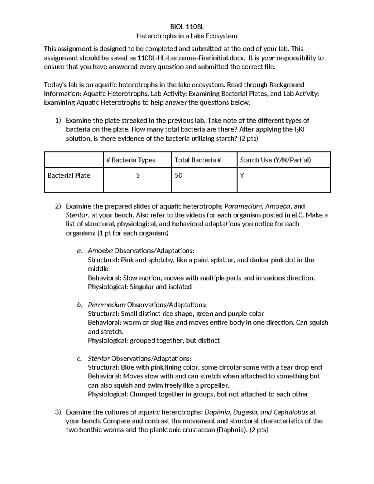 1108L-HL - Lab stuff 3 - BIOL 1108L Heterotrophs in a Lake Ecosystem This assignment is designed ...