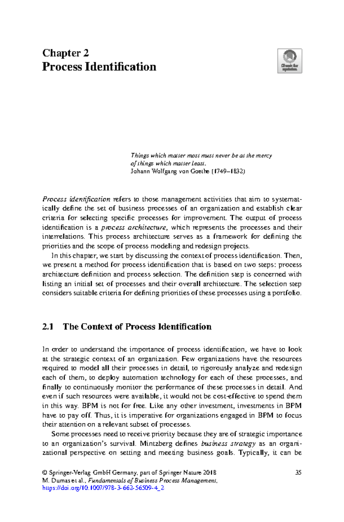 Dumas 2018 Chapter 2 Process Identification - Chapter 2 Process Identification Things which ...