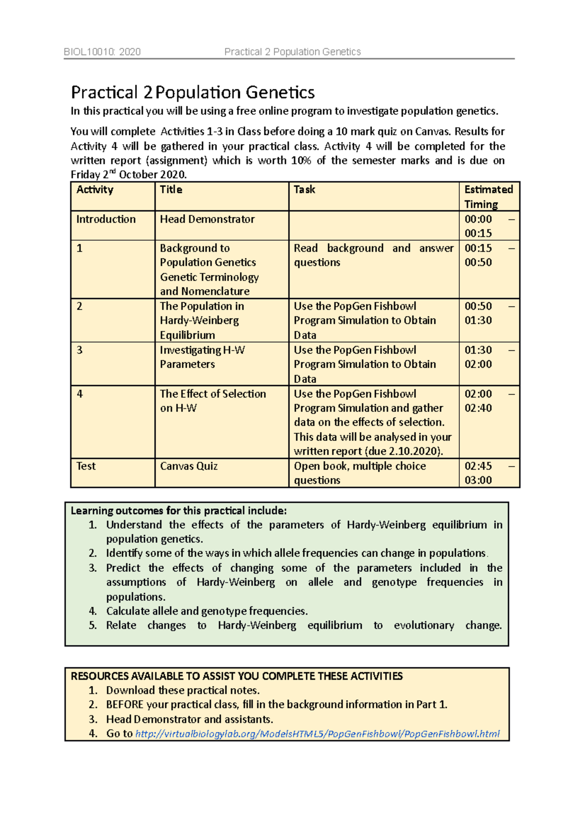 Biol10010 Prac2 - practical 2 - Practical 2 Population Genetics In this ...