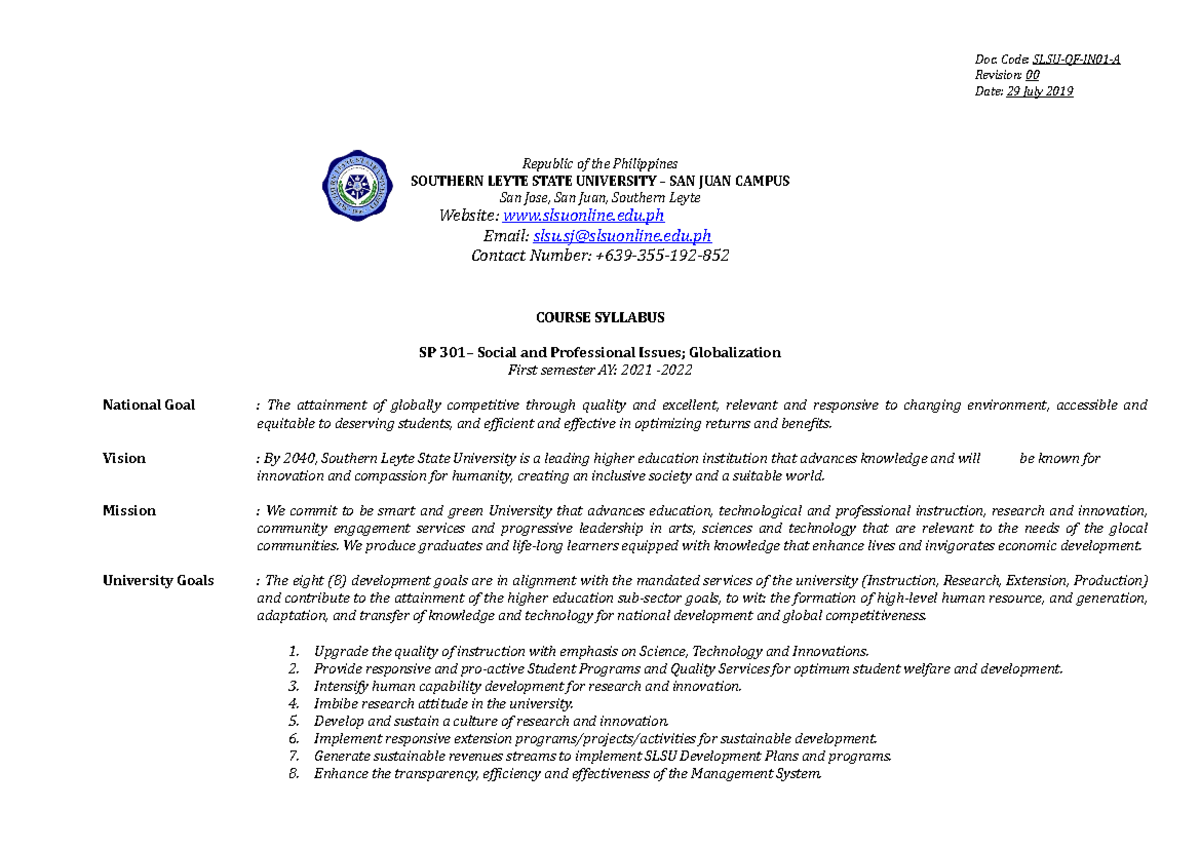 Syllabus Social and Professional Issues Globalization - Revision: 00 ...