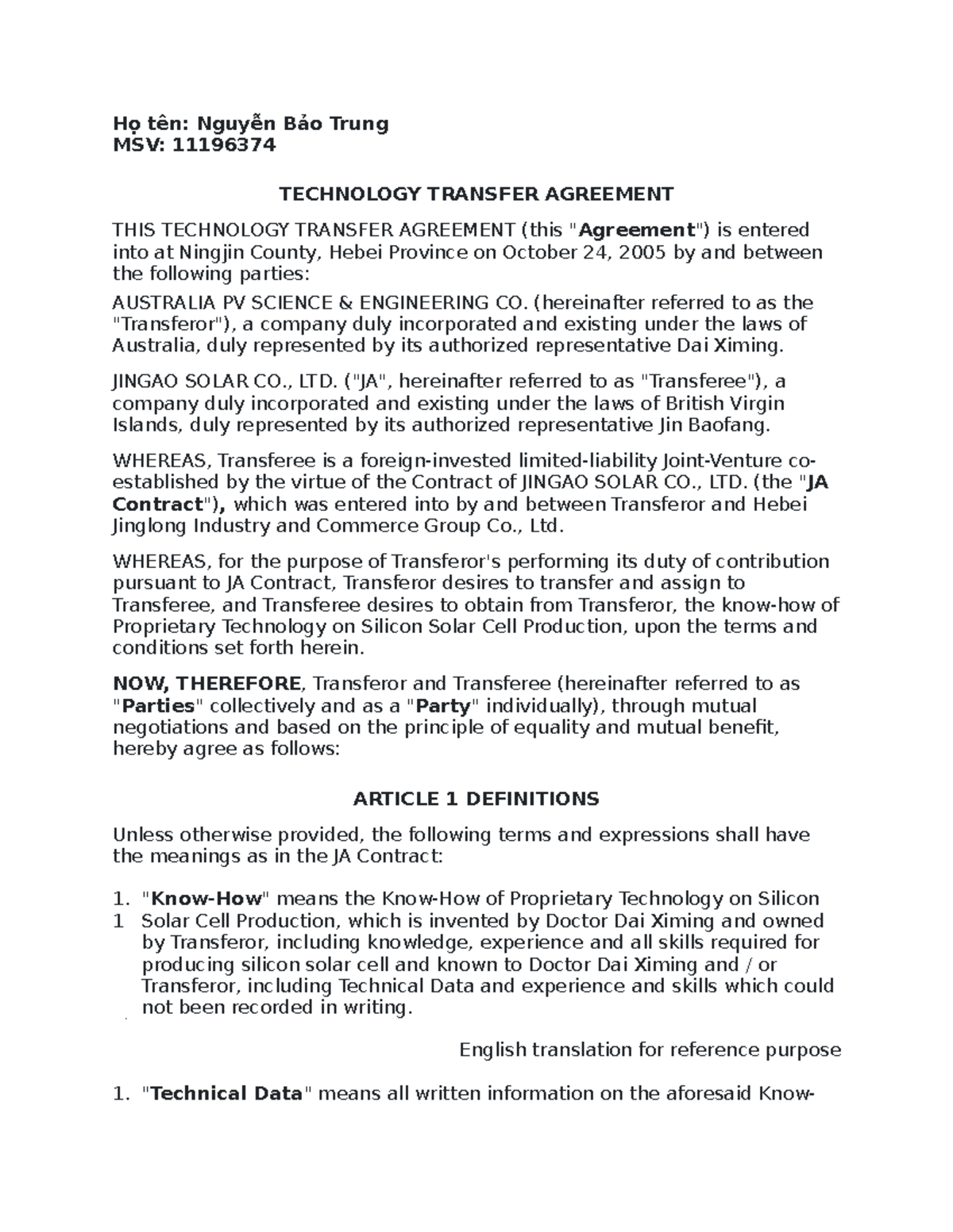 Technology Transfer Agreement - Họ tên: Nguyễn Bảo Trung MSV: 11196374 ...