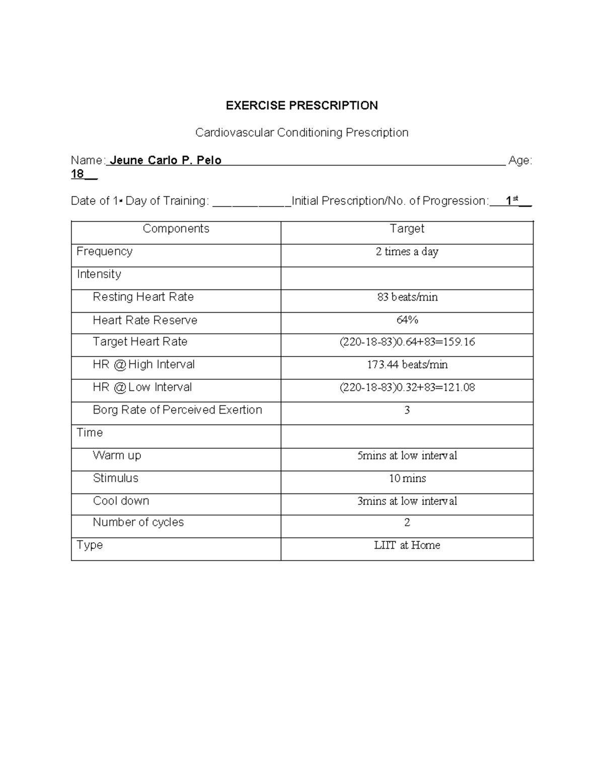 Exercise Prescription Format - EXERCISE PRESCRIPTION Cardiovascular ...