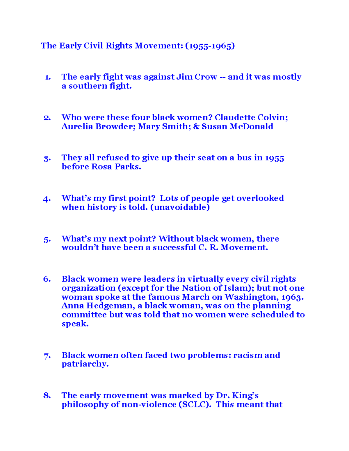 Early Civil Rights Notes - The Early Civil Rights Movement: (1955-1965 ...