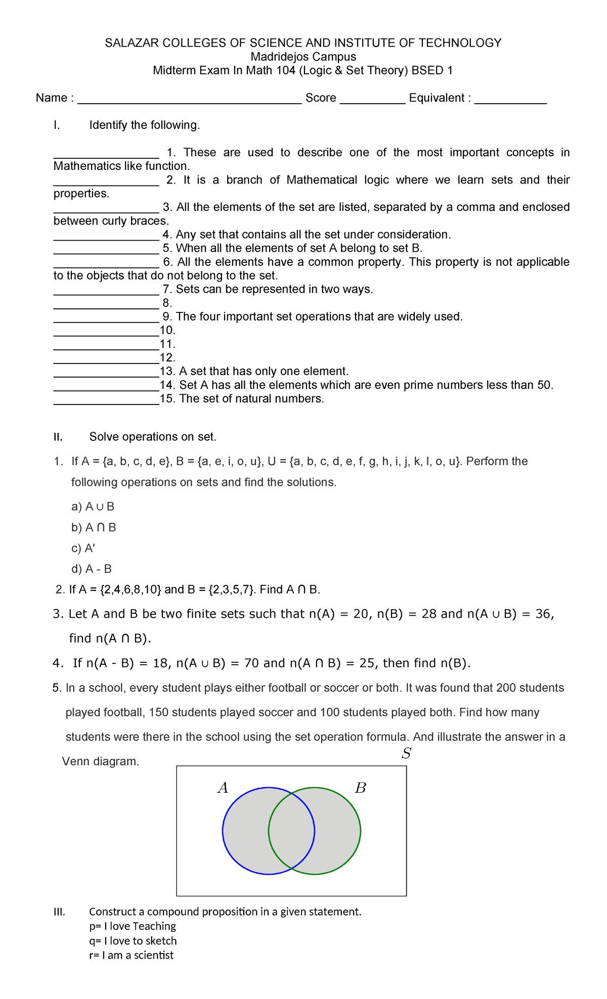 Math-104 - Logic and Set Theory - SALAZAR COLLEGES OF SCIENCE AND INSTITUTE OF TECHNOLOGY ...