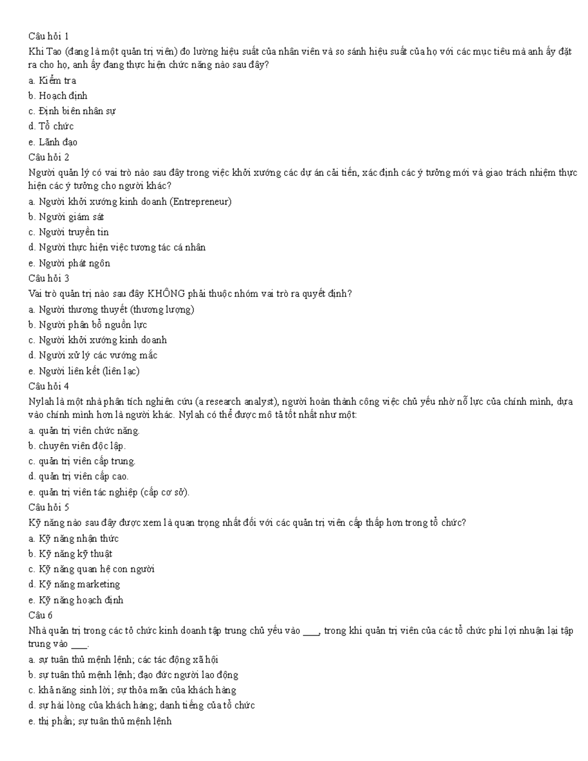 QTH C1,3,4 - Câu hỏi 1 Khi Tao (đang là một quản trị viên) đo lường hiệu suất của nhân viên và ...