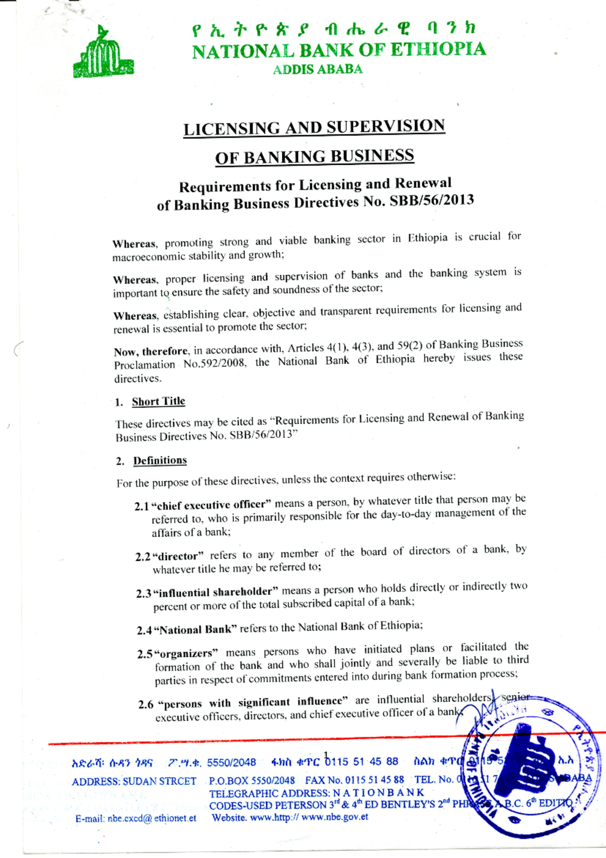 Sbb-56-2013 - NBE directives - P s n do P NATIONAL BANK OF ETHIOPIA ...
