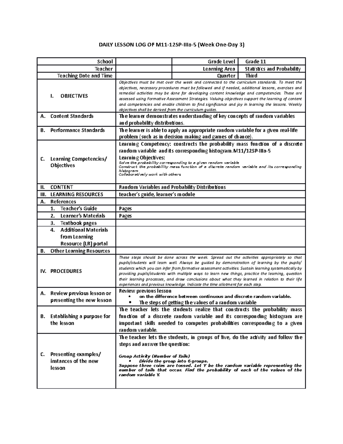 SP III-3 - lesson - DAILY LESSON LOG OF M11-12SP-IIIa-5 (Week One-Day 3 ...