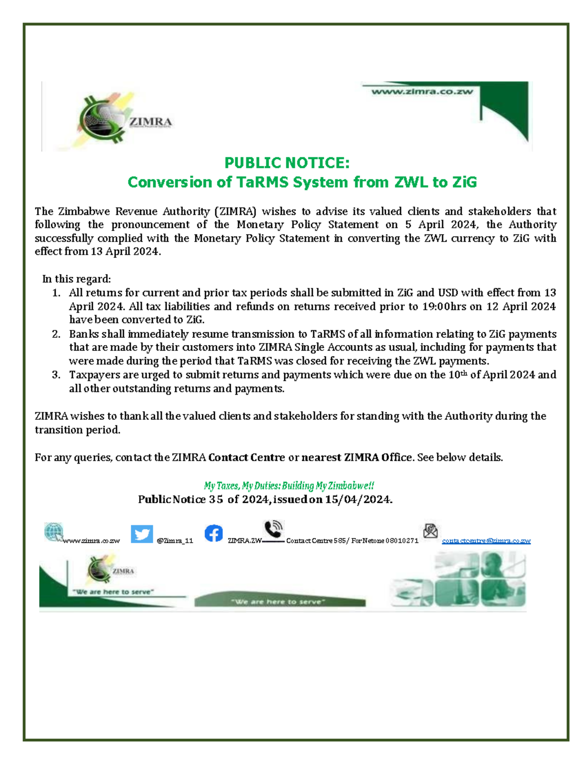 Public Notice 35 of 2024 Ta RMS Conversion of ZWL to Zi G - PUBLIC ...