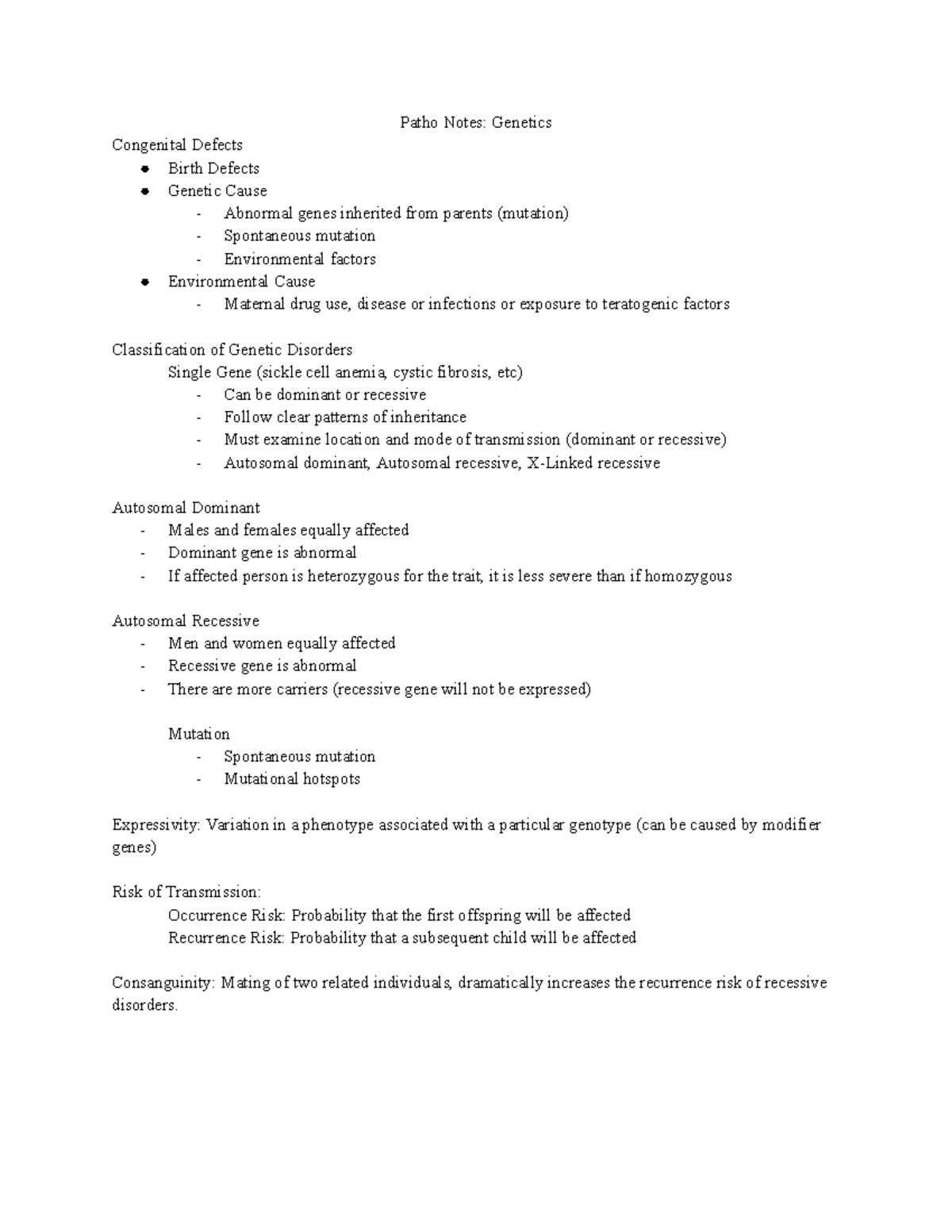 Patho Genetics Notes - Patho Notes: Genetics Congenital Defects Birth ...