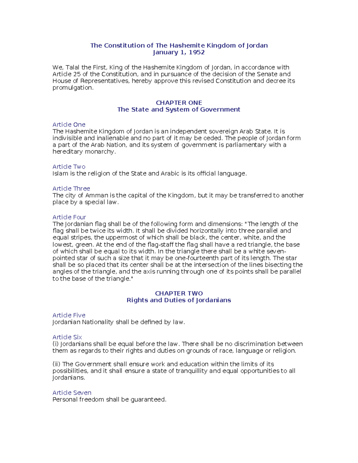 Jordan - material - The Constitution of The Hashemite Kingdom of Jordan ...