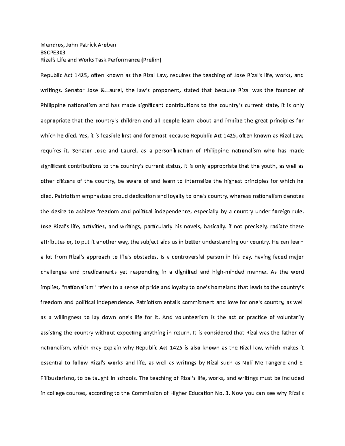 01 Task Performance Rizal's Life and Works - Mendros, John Patrick ...