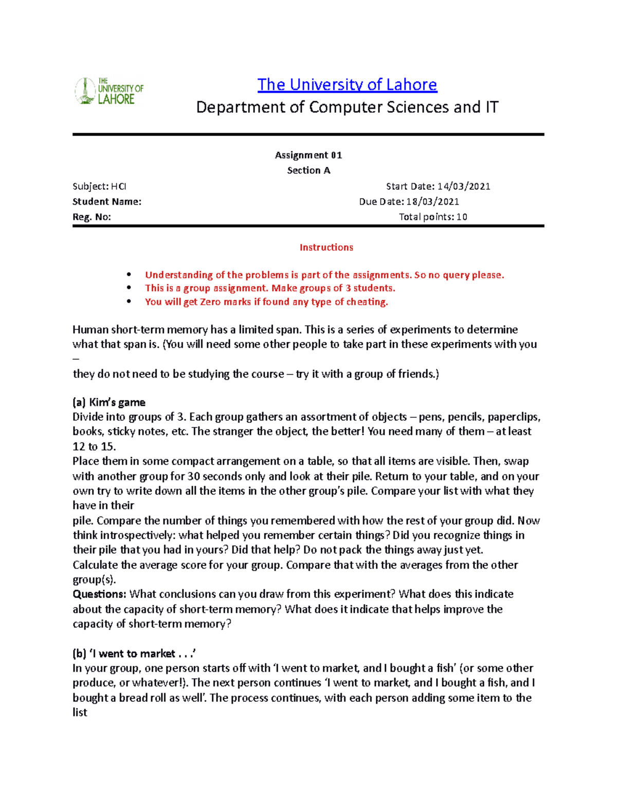 Assignment 1 - Lecture notes 1 - The University of Lahore Department of ...