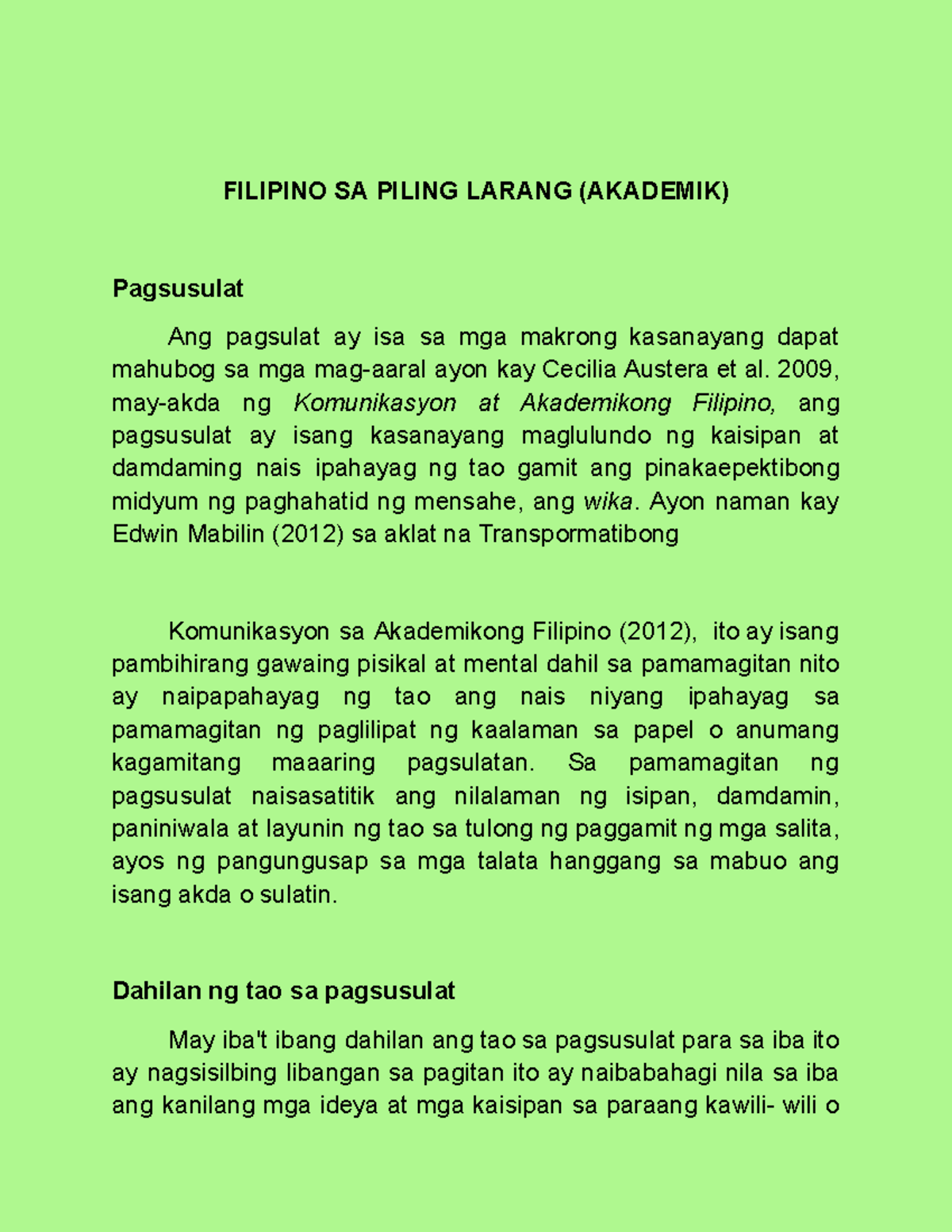 Unang Lektura - Filipino sa Piling Larangan - FILIPINO SA PILING LARANG (AKADEMIK) Pagsusulat ...