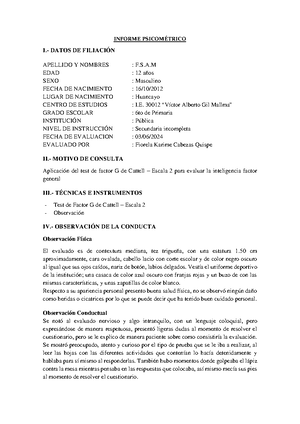 Informe WAIS - INFORME PSICOLÓGICO I. DATOS DE FILIACIÓN Apellidos y ...