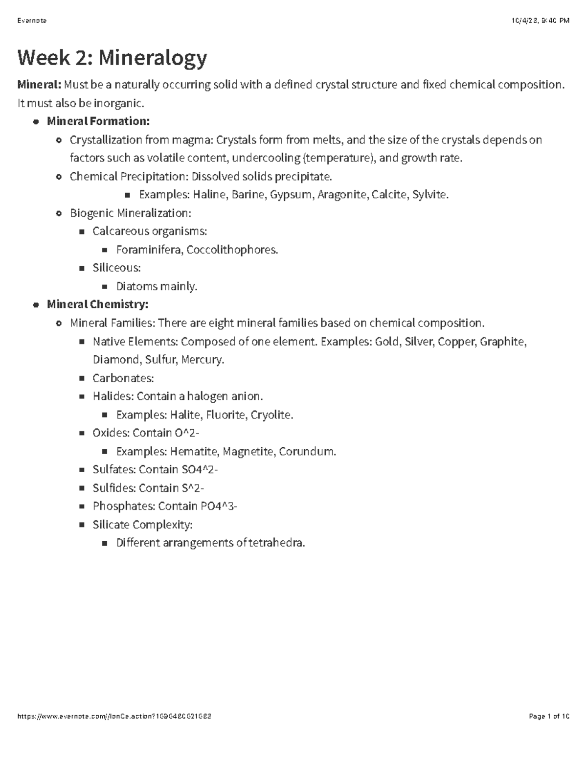 Evernote - earth science notes - Week 2: Mineralogy Mineral: Must be a ...