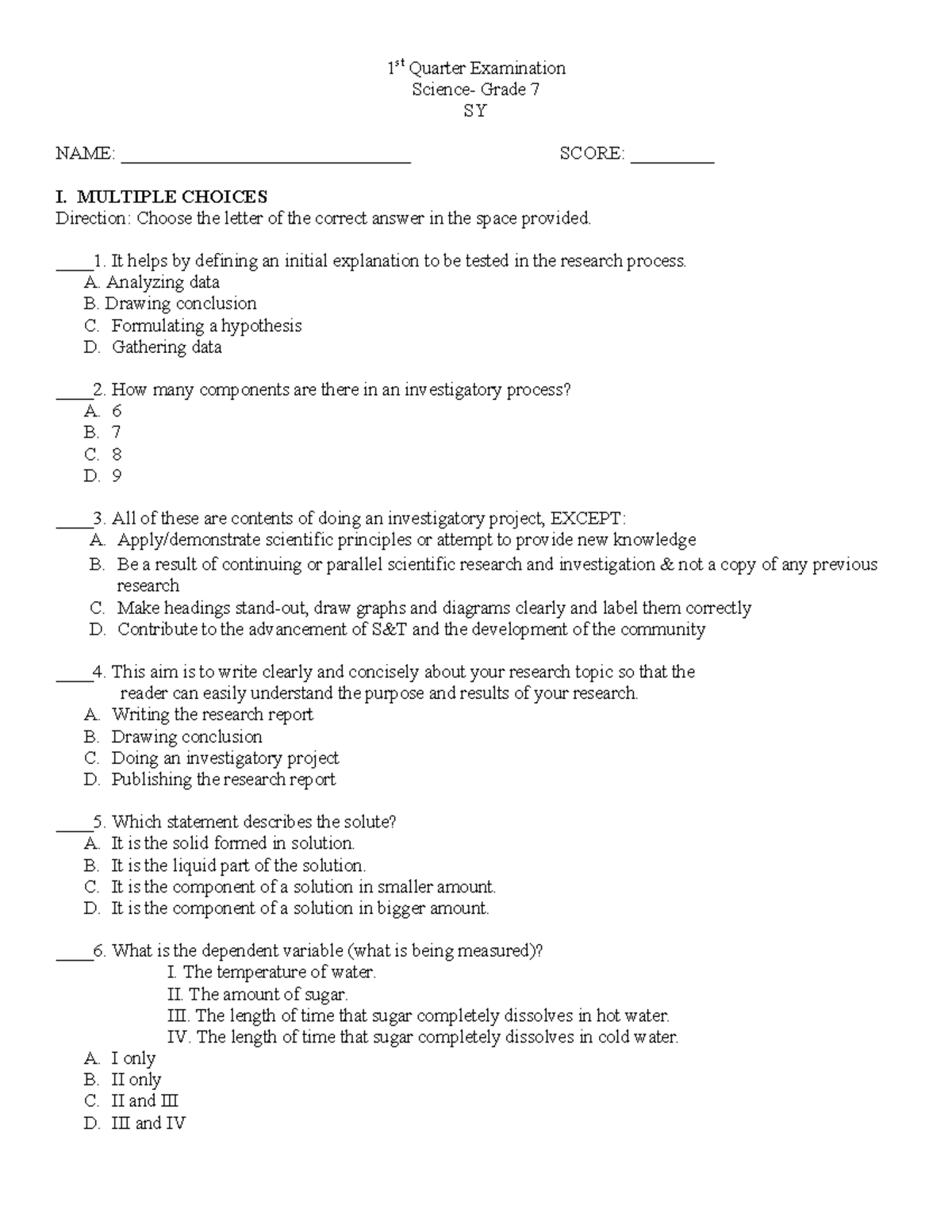 PT Science-7 dragon-final - 1 st Quarter Examination Science- Grade 7 ...