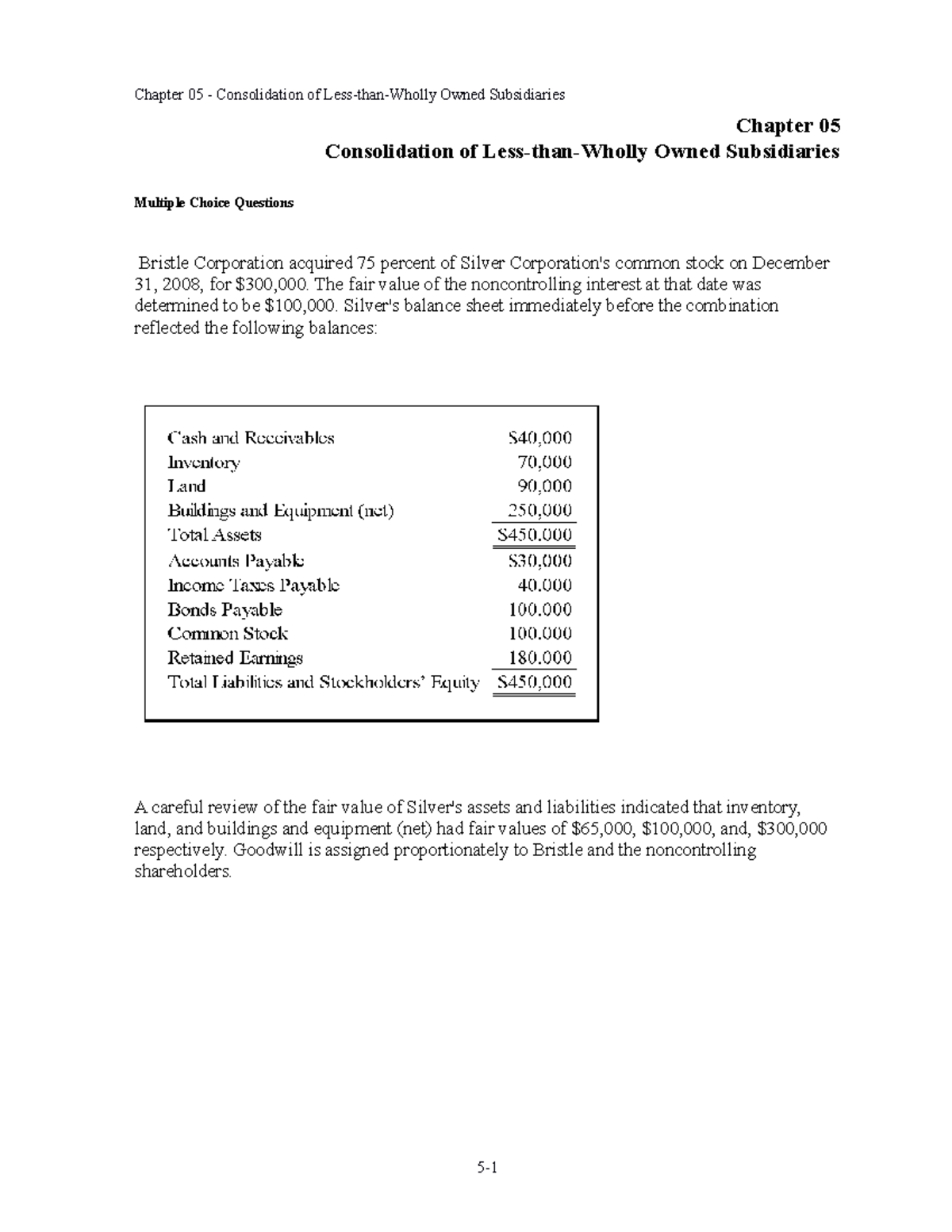 Ch 05 consolidation of less than wholly owned subsidiaries - Chapter 05 ...