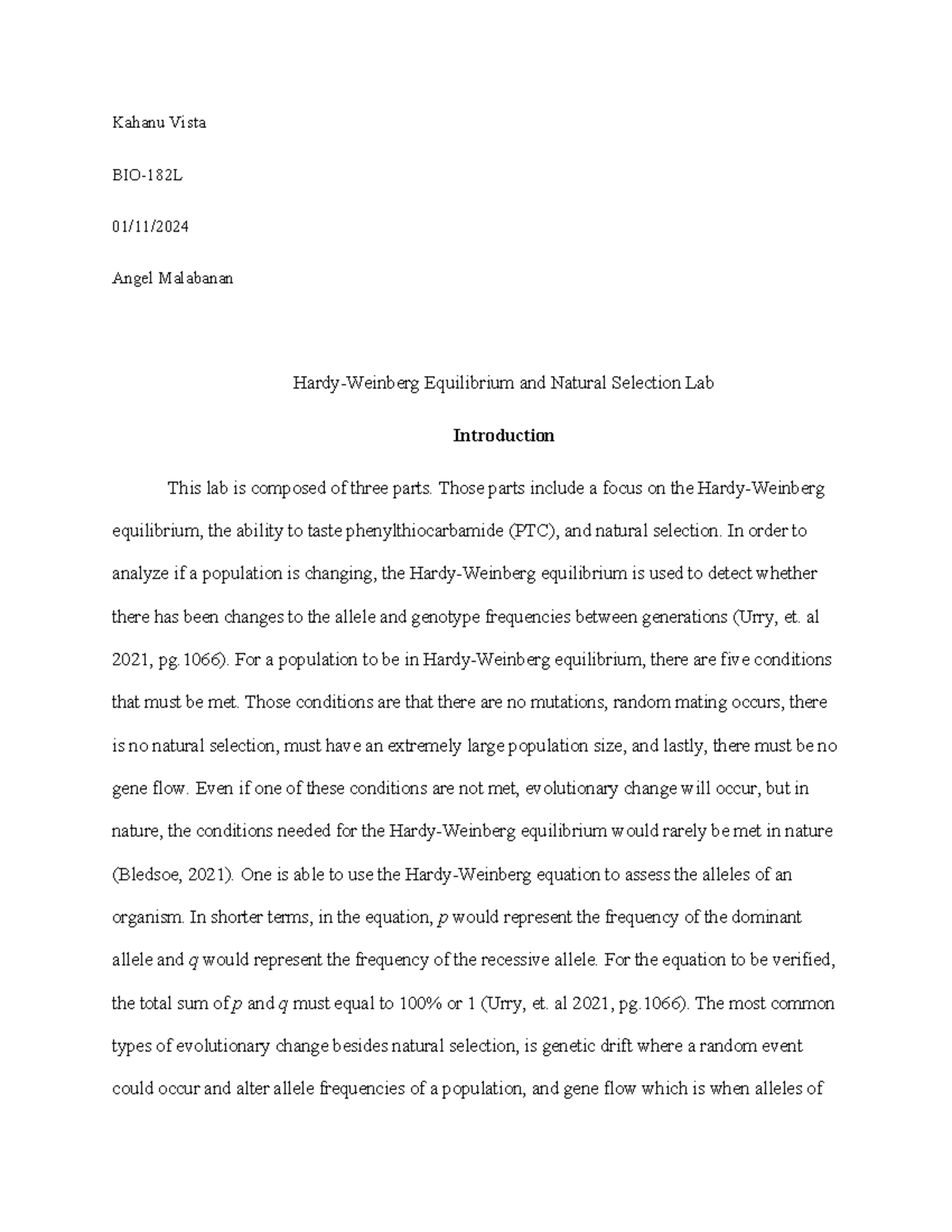 BIO-182L- Hardy-Weinberg Lab Report - Kahanu Vista BIO-182L 01/11 ...