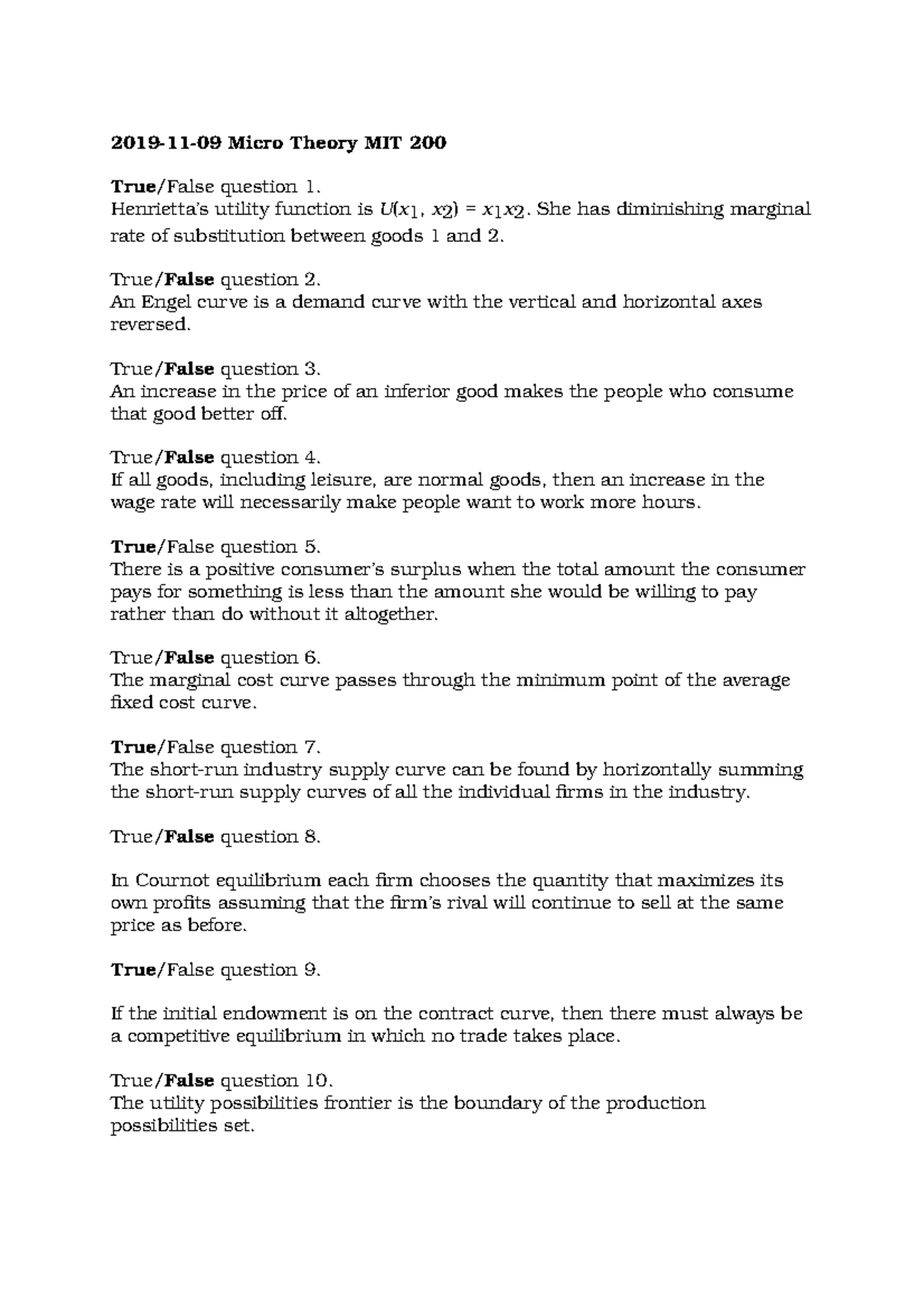 2019-11-09 Micro Theory MIT 200 - Micro Theory MIT 200 question 1 ...