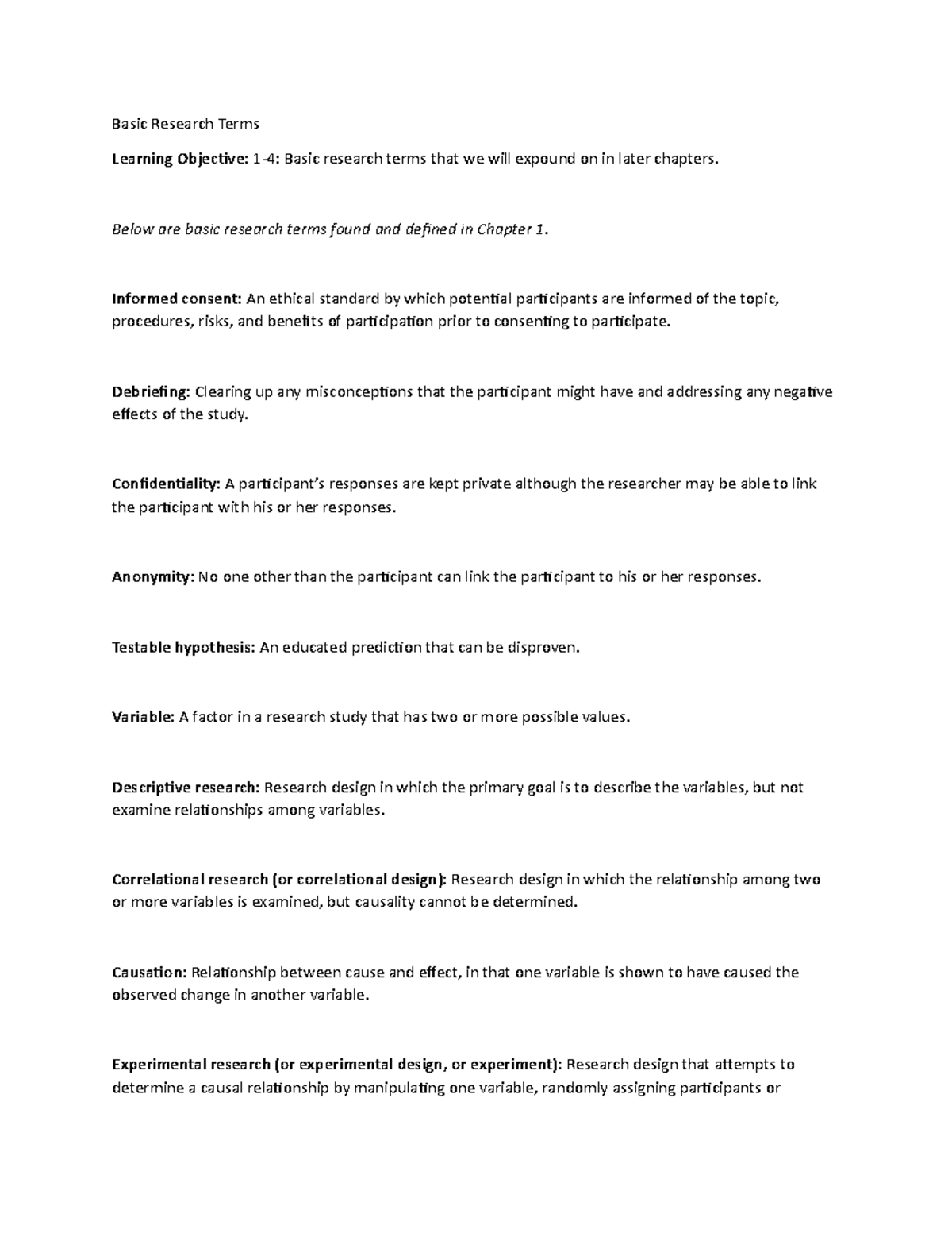 Basic Research Terms - Basic Research Terms Learning Objective: 1-4 ...