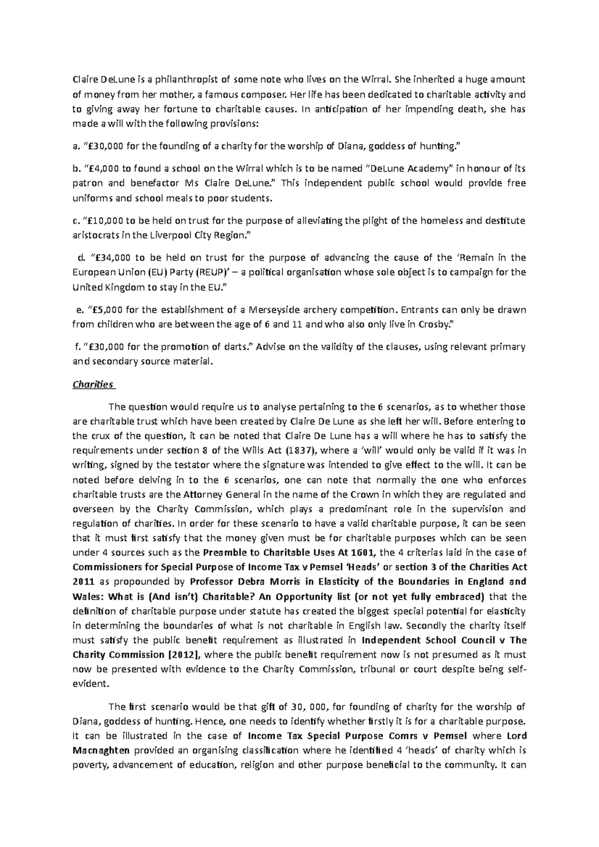 Charitable trust sample answer - Claire DeLune is a philanthropist of ...