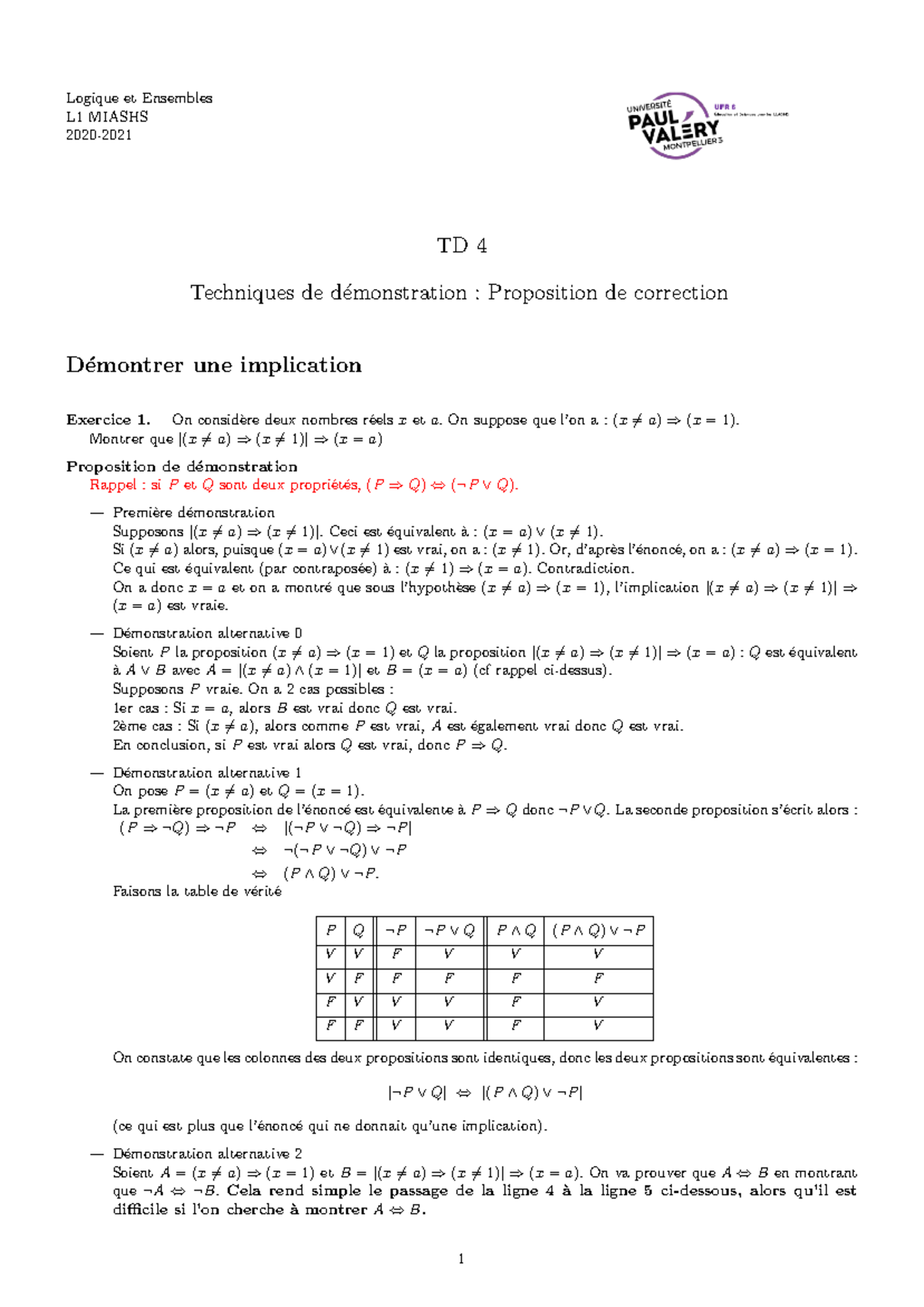TD4 moitie - Logique et Ensembles L1 MIASHS 2020- TD 4 Techniques de d ́emonstration ...
