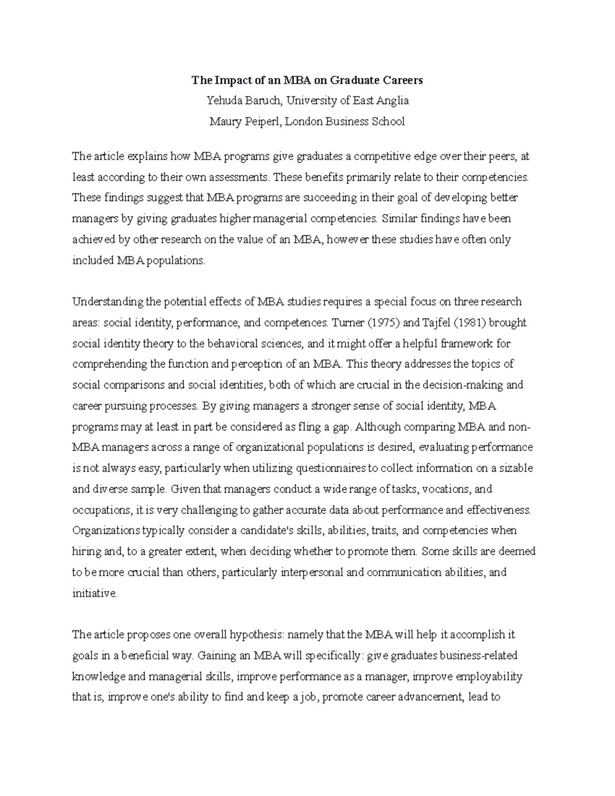 The Impact of an MBA on Graduate Careers Article Review - The Impact of ...