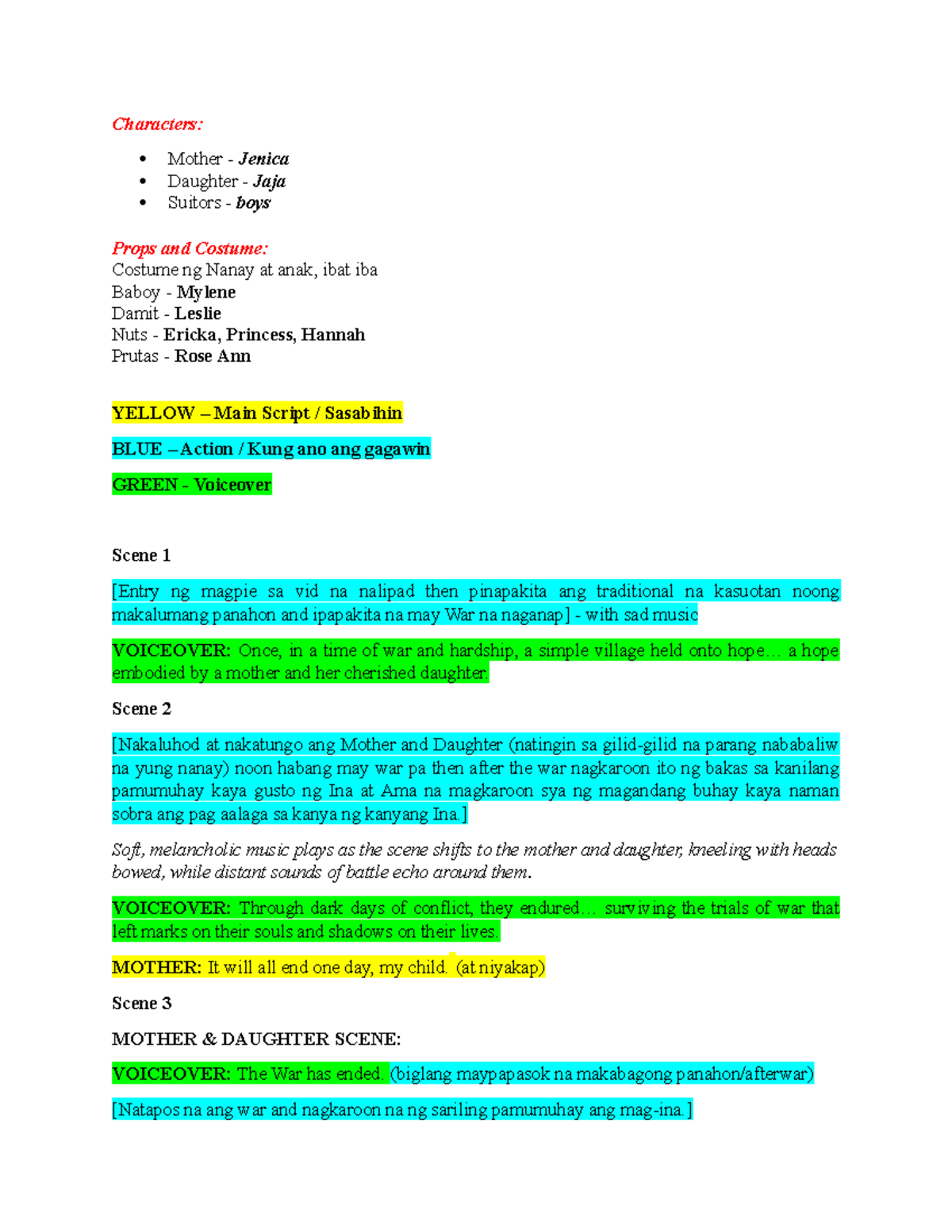 THE Cherished Daughter Script - Characters: Mother - Jenica Daughter - Jaja Suitors - boys - Studocu