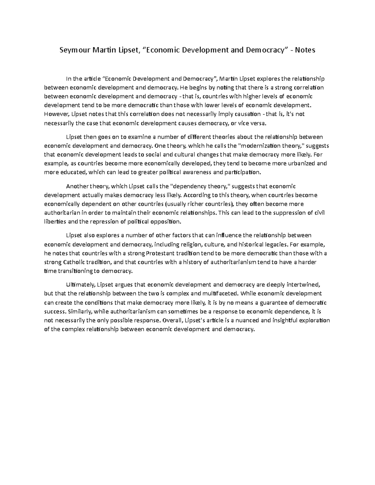 Seymour Martin Lipset -Economic Development and Democracy - Notes - He ...