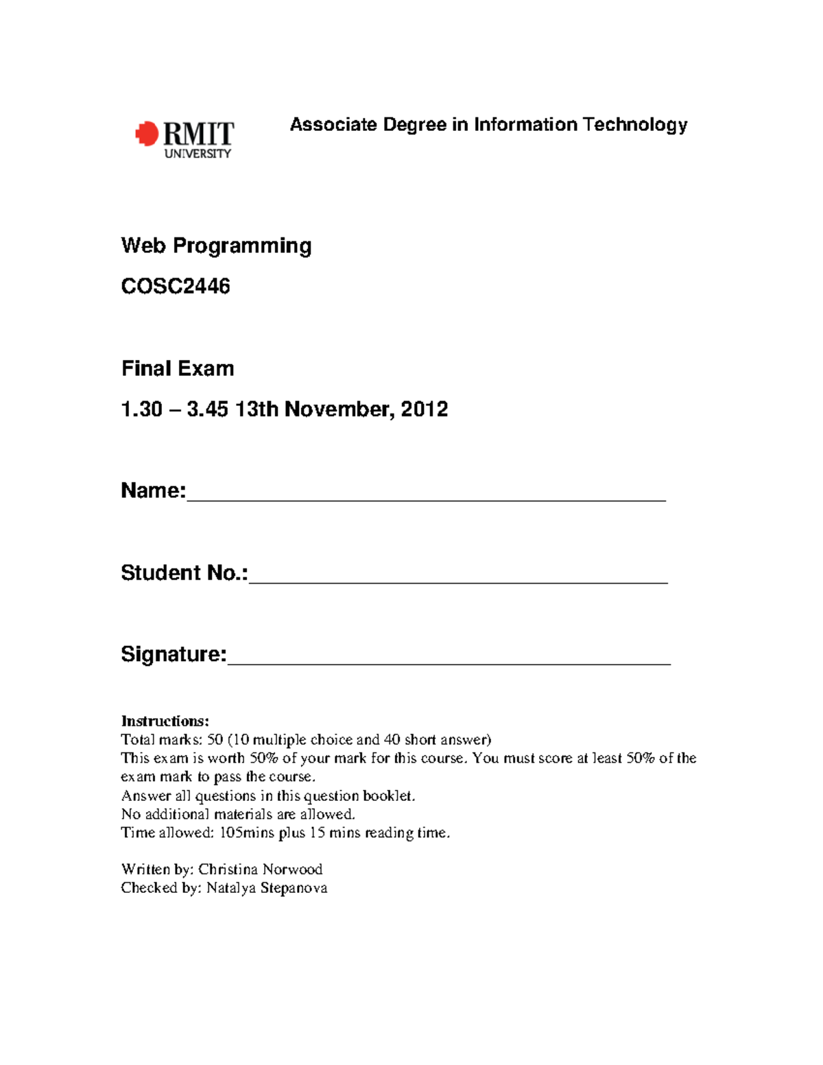 2012 Exam Questions and Answers - Associate Degree in Information ...