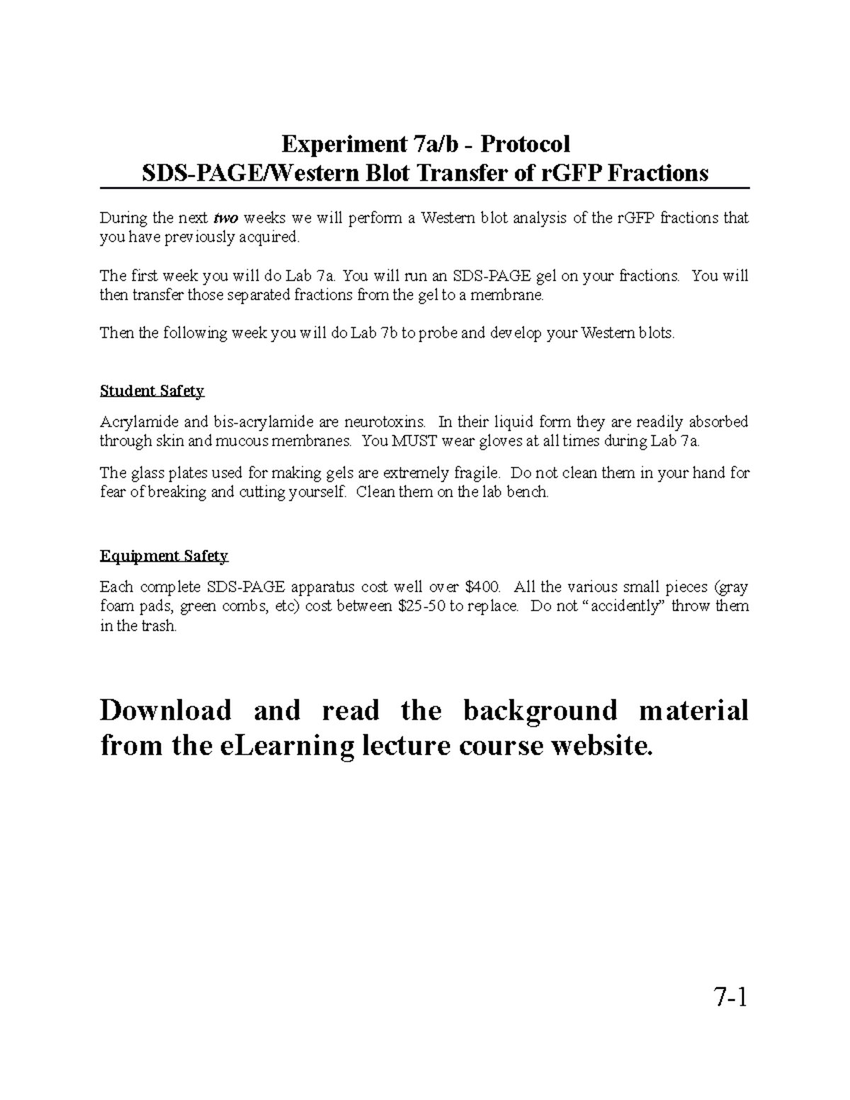 S23 Lab 7 Protocol - asd - Experiment 7a/b - Protocol SDS-PAGE/Western ...